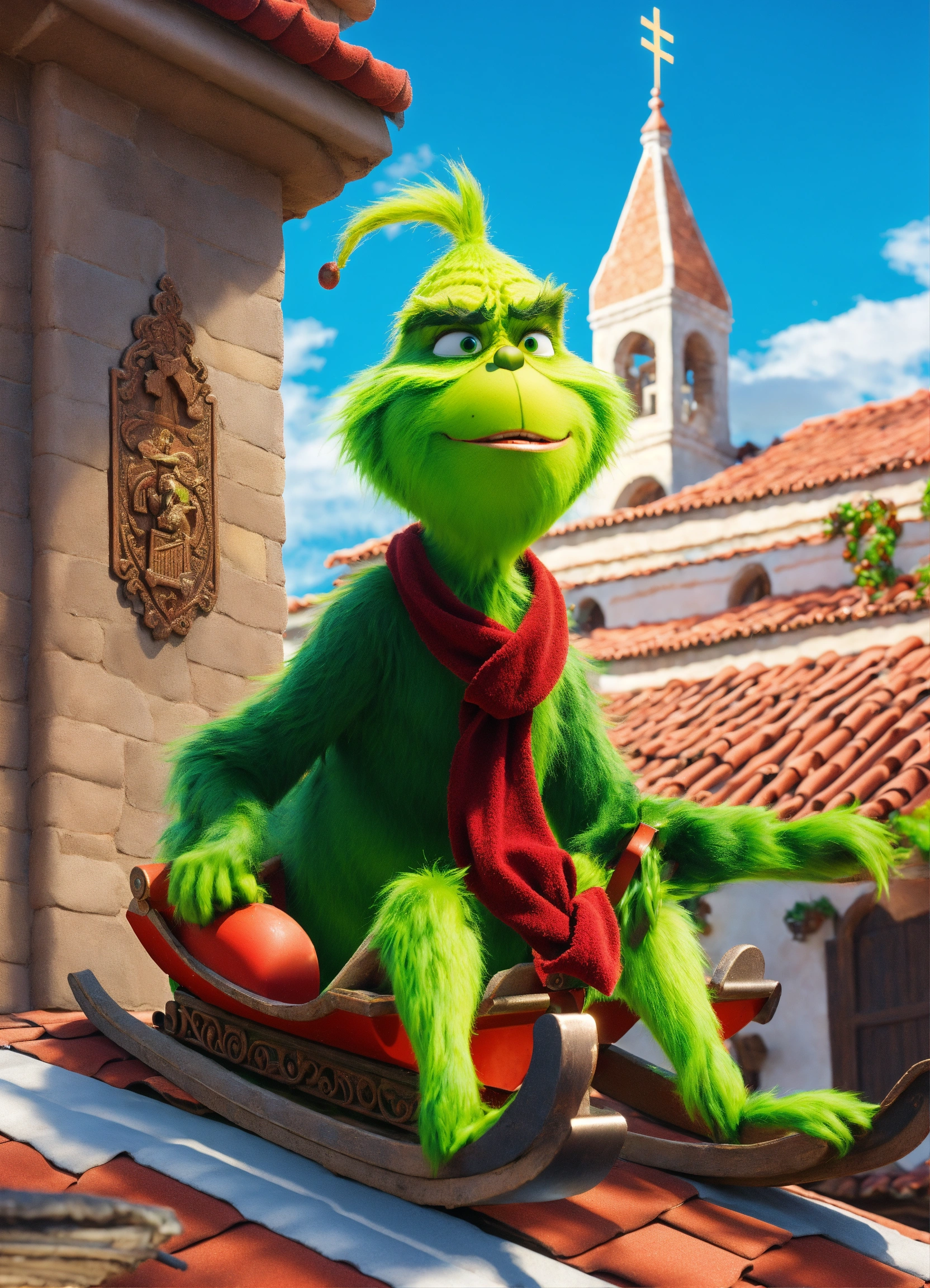 Lexica - The grinch riding his sleigh down roof tiles of a spanish ...