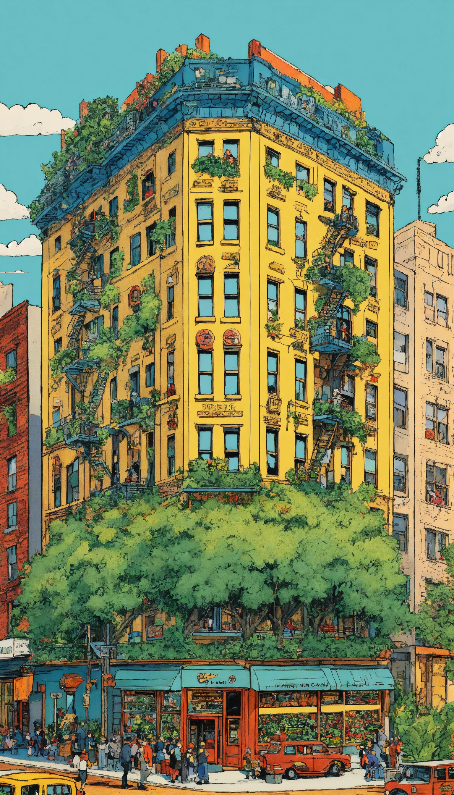 Lexica - Detailed, vibrant illustration of a NYC building full of ...