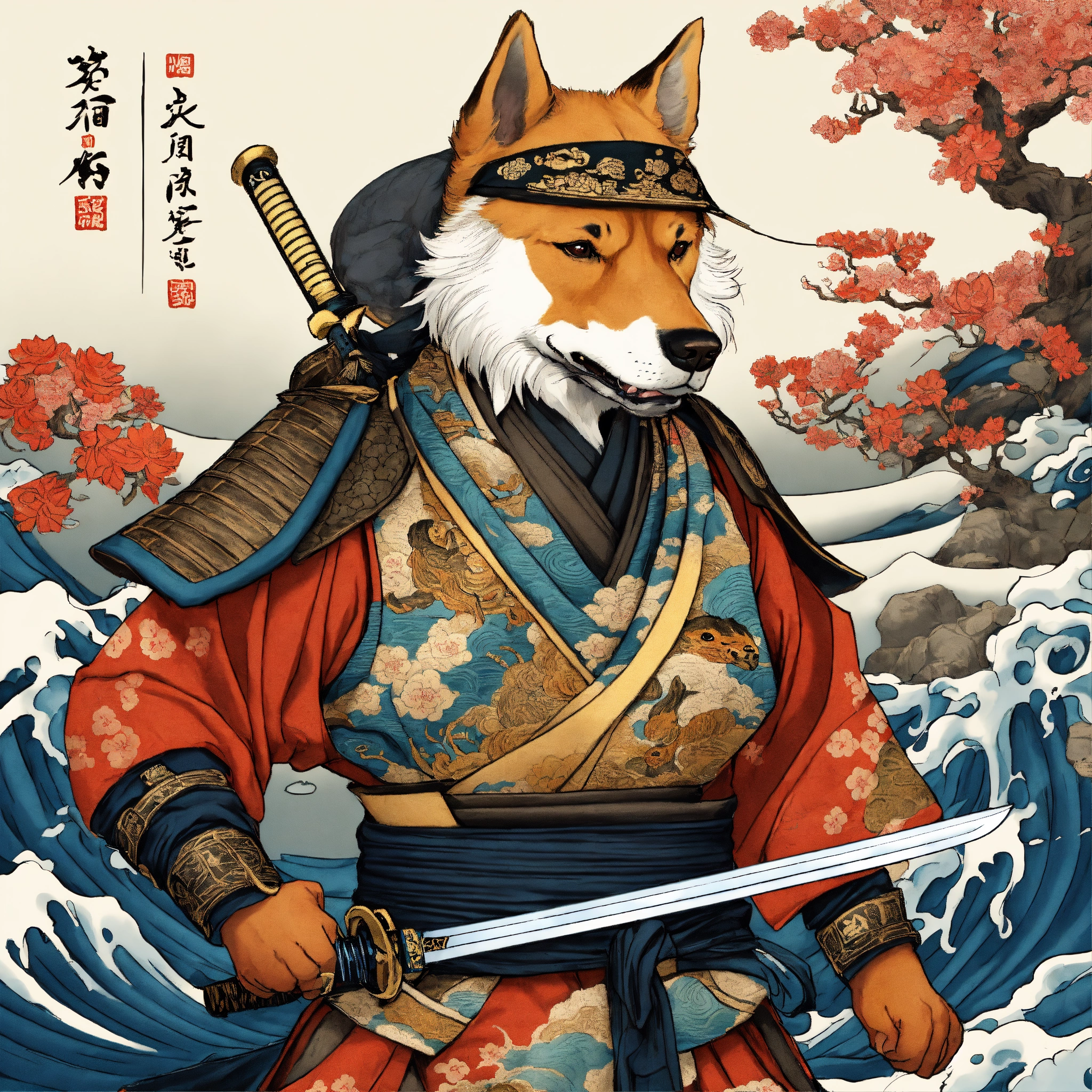 Lexica - There is a dog with a fish and a sword on a white background ...