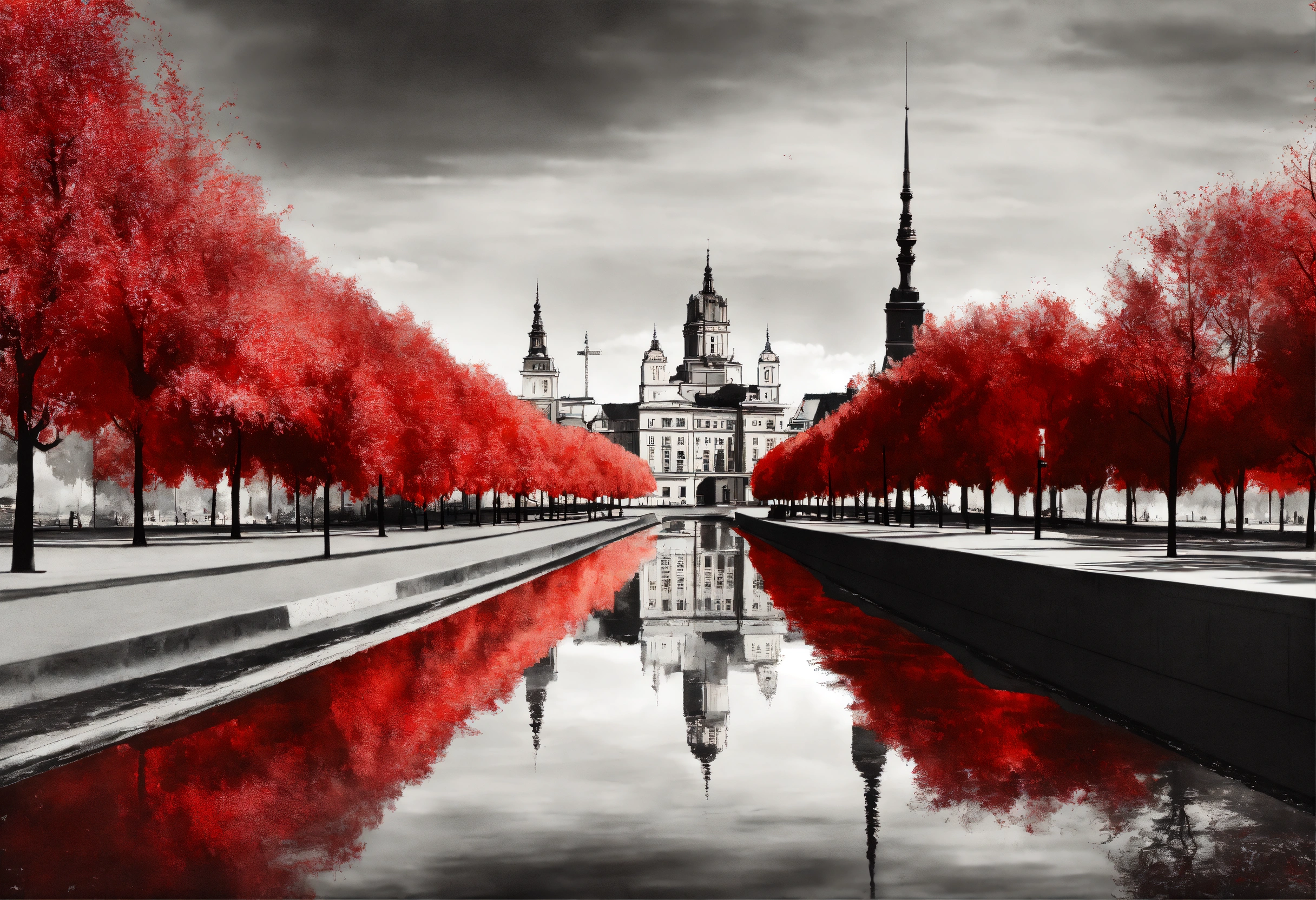 Lexica - Warsaw view, surrealistic landscapes, Monochrome with red ...