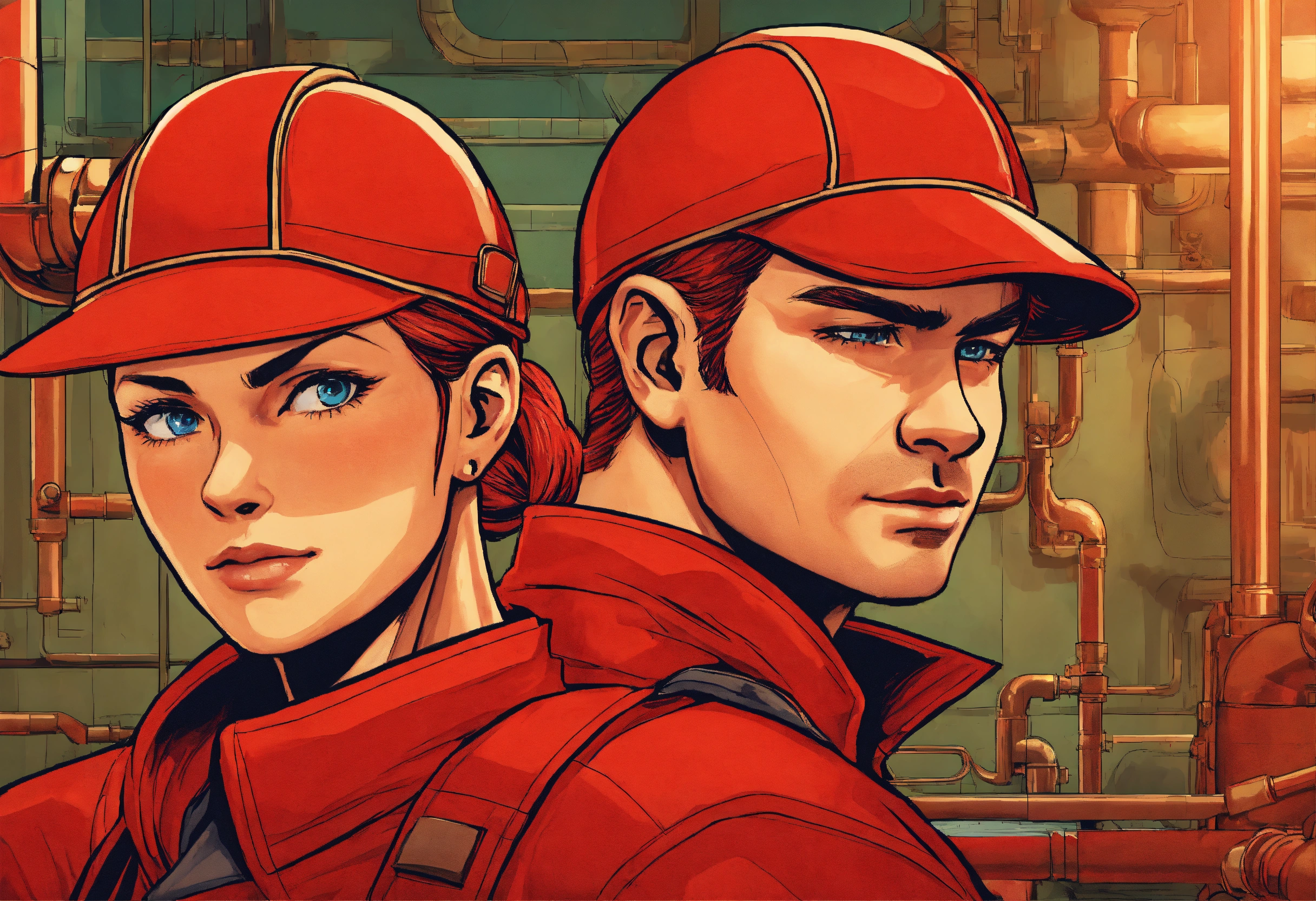 Lexica - Close up of two heroic plumber in a red outfit and red hard ...