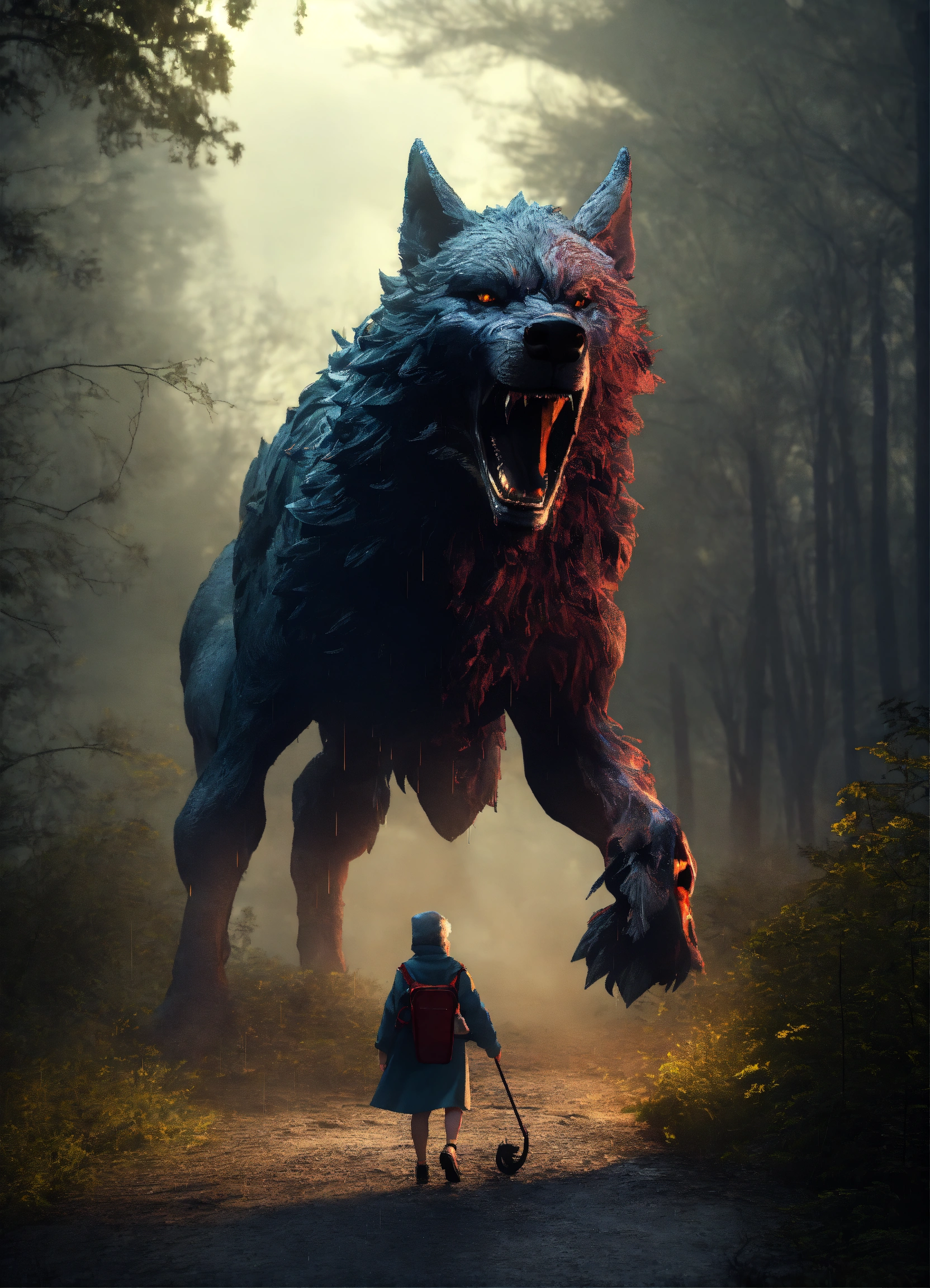 Lexica - Gigant scary wolf attack grandmother. Woods. Rain.fog.night ...