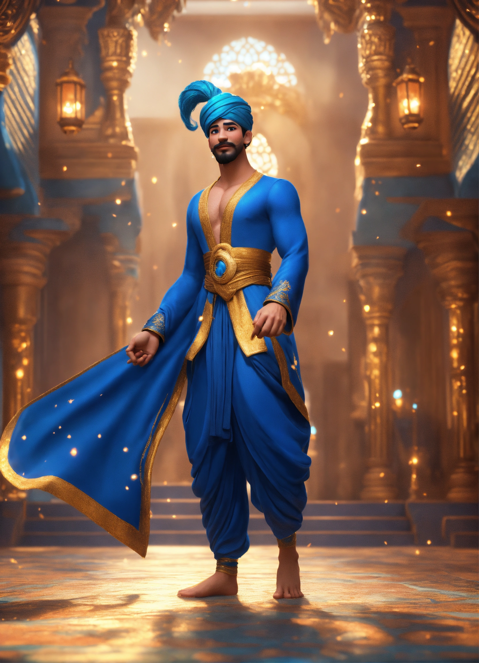 Lexica - Create a 3D rendering of a magical blue Arabian male genie ...