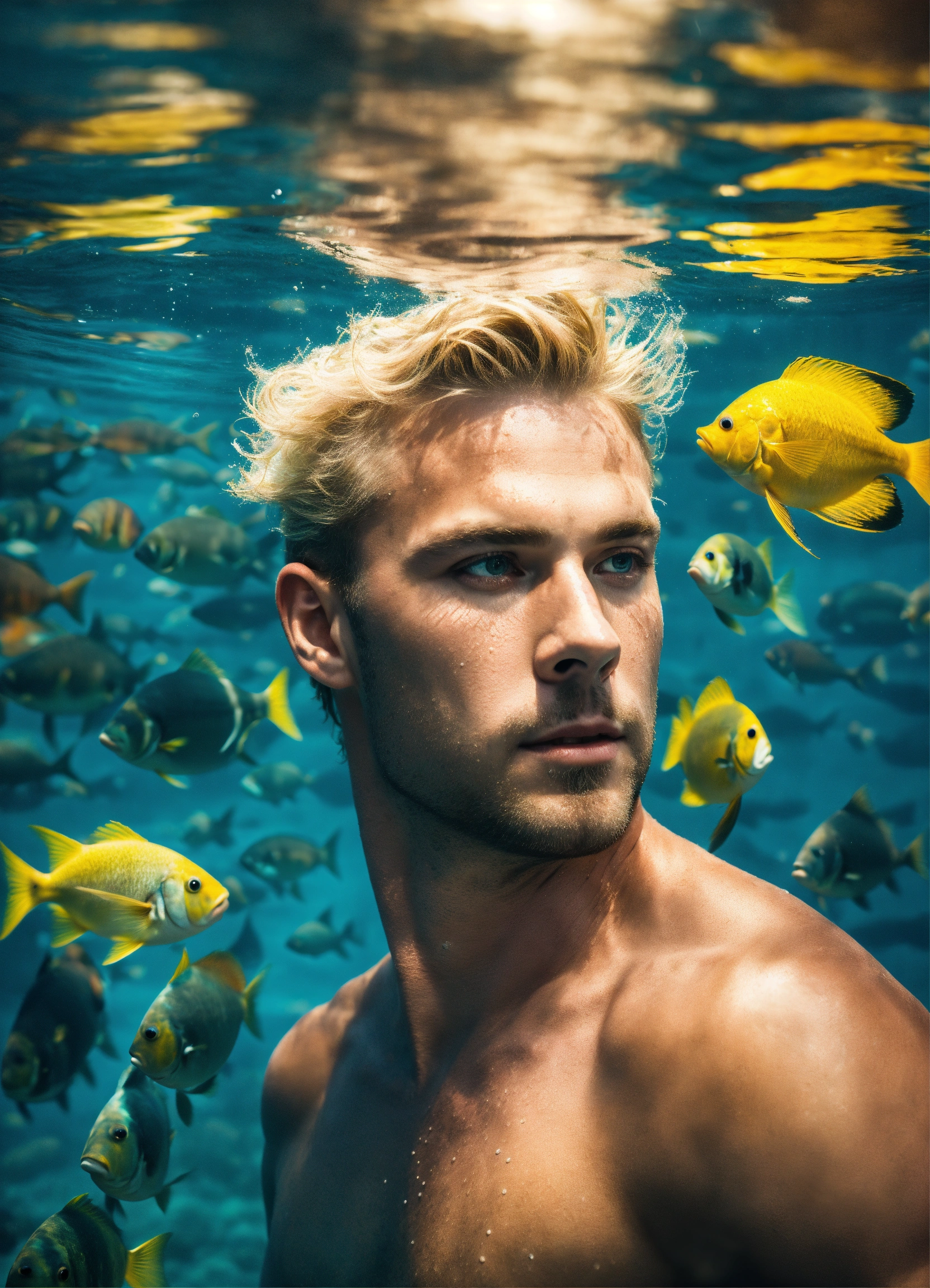 Lexica - Handsome Blond aqua man , under ocean water , surrounded by ...