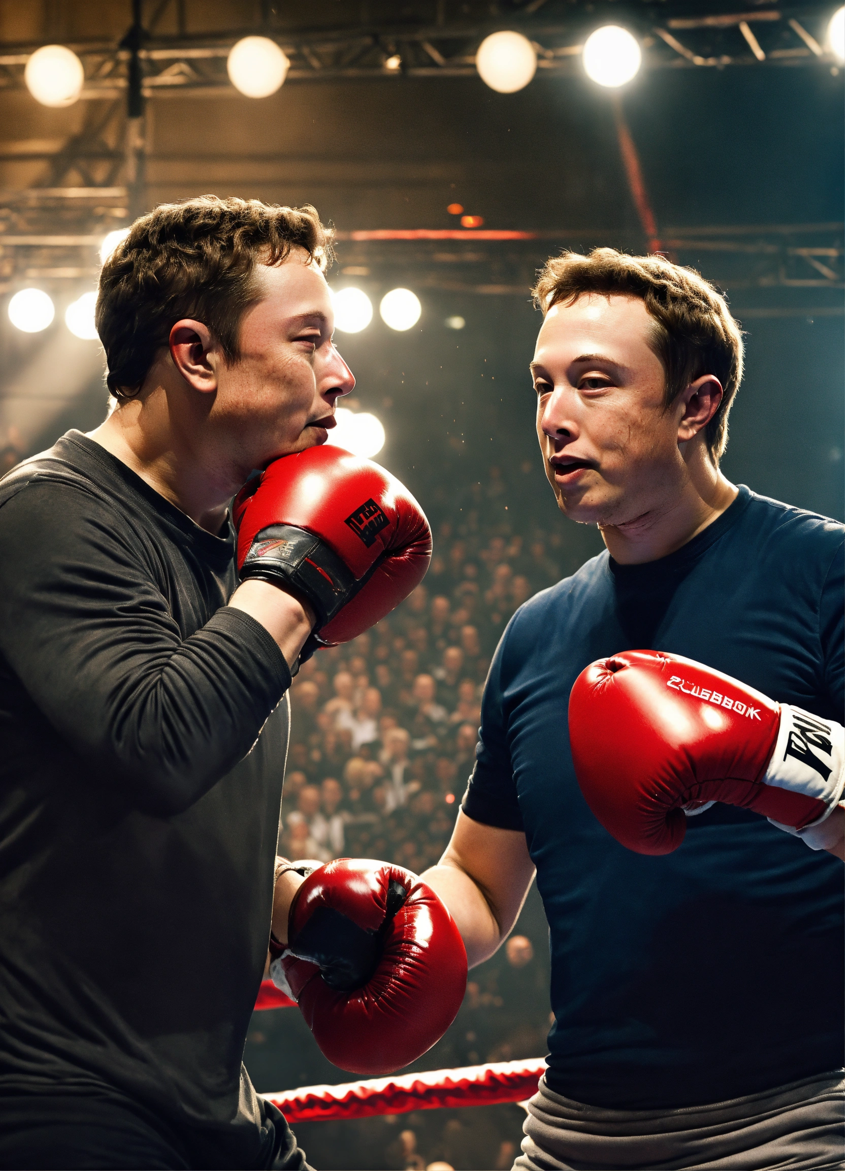Lexica - Elon musk fighting marc zuckerberg, boxing with gloves, realistic