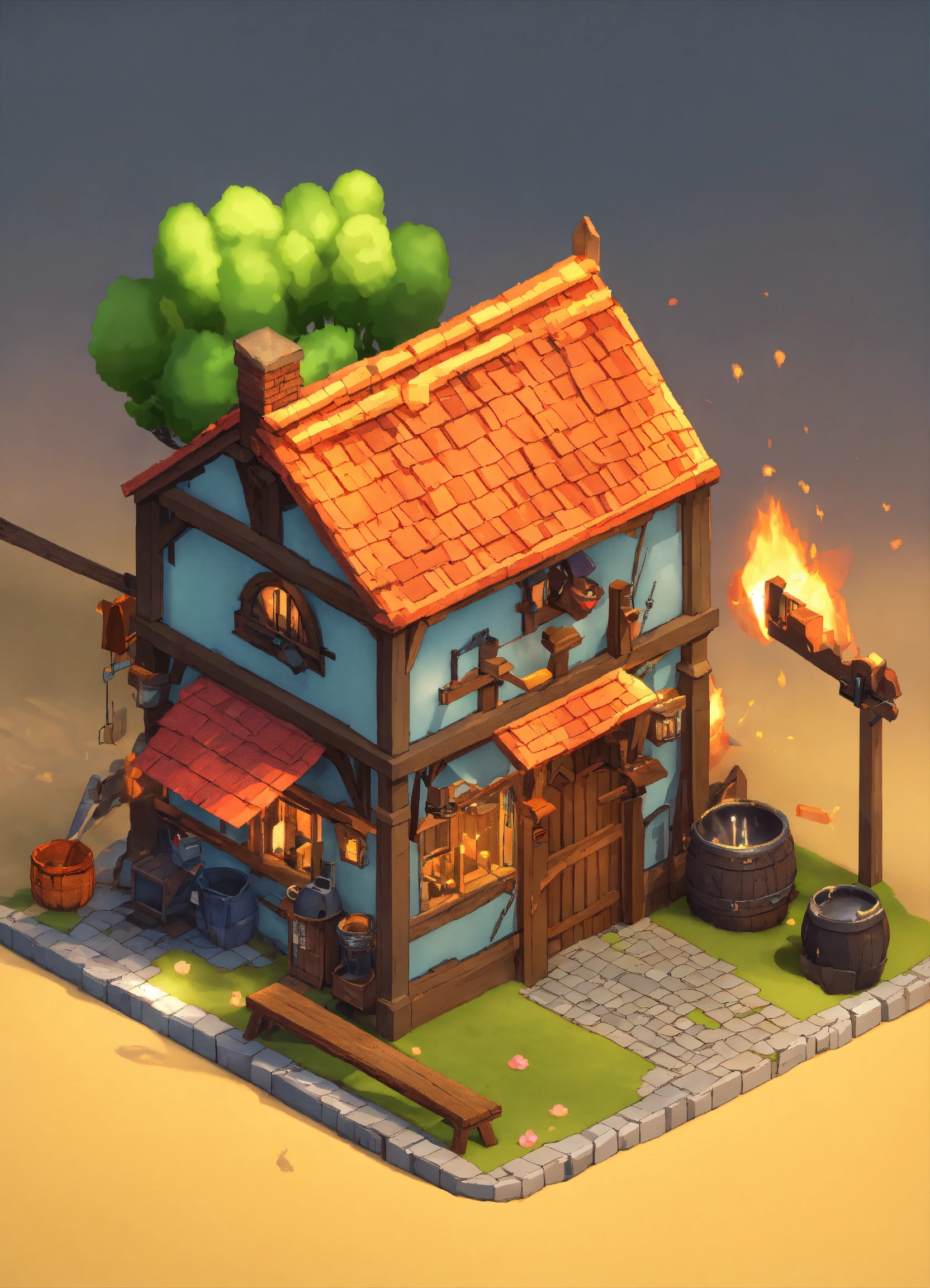 Lexica - Game art, blacksmith forge, isometric, full view, outside view ...