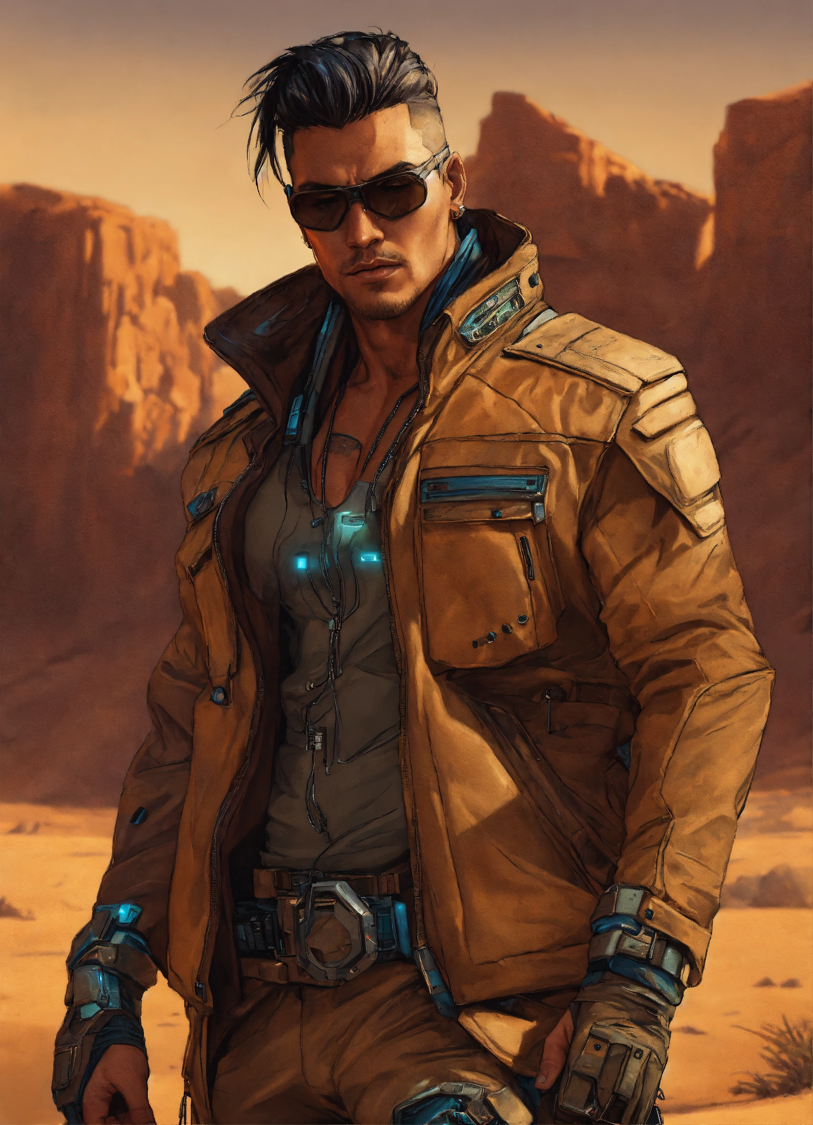 Lexica - Cyberpunk Navajo nomad attractive muscled in a brown jacket in ...