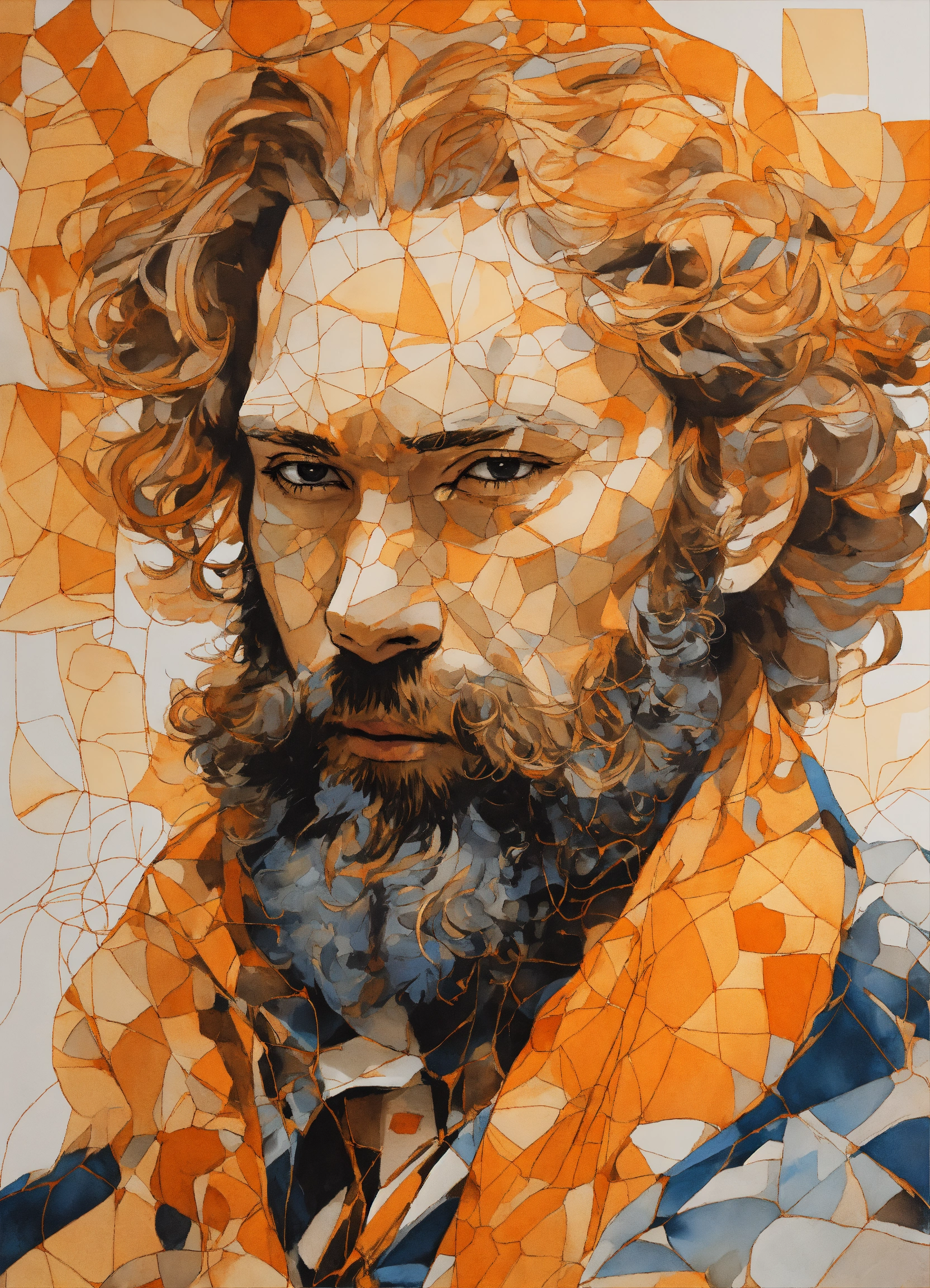 Lexica - A portrait. a long-bearded man with curly orange hair swirling ...