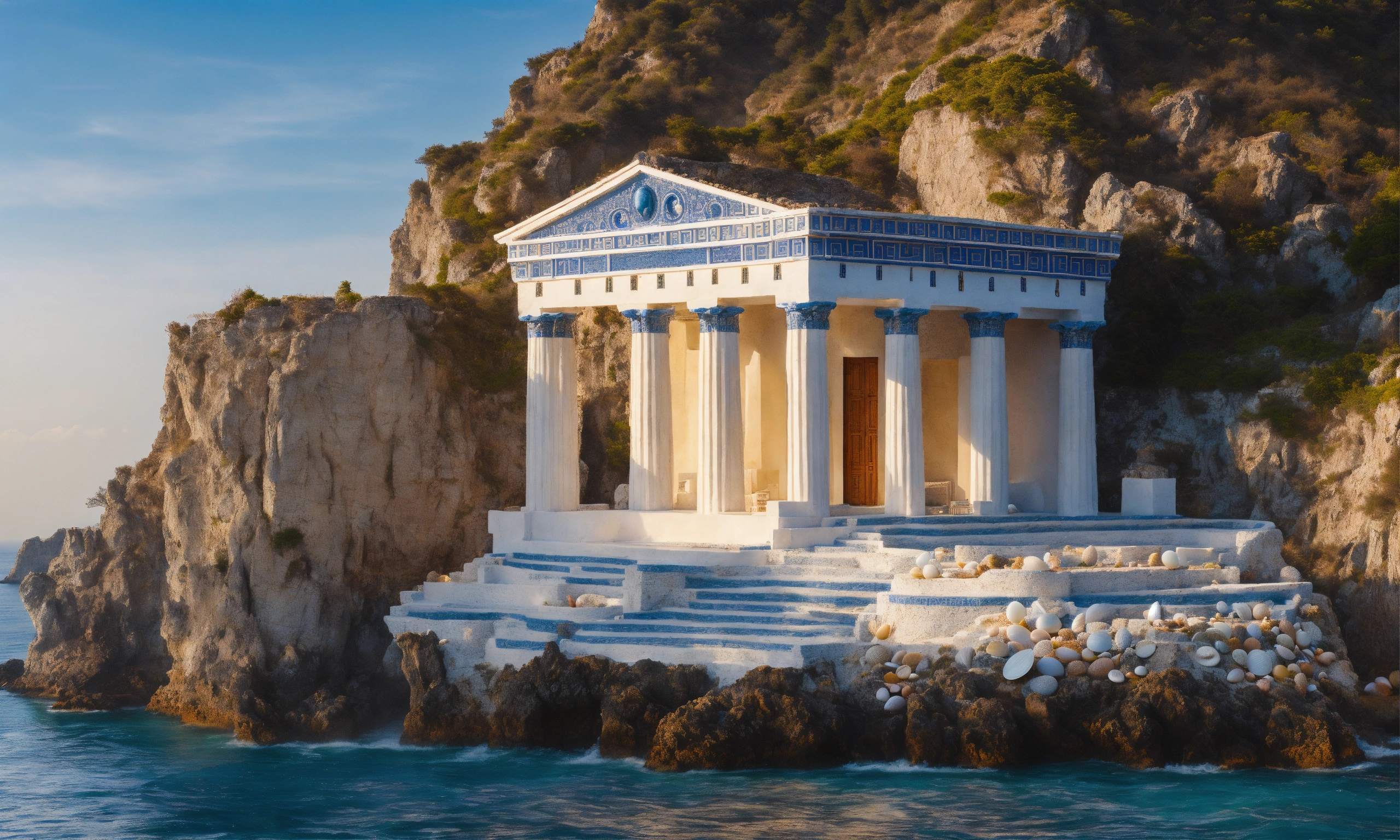Lexica - A blue and white temple on a seaside cliff, dedicated to a sea ...