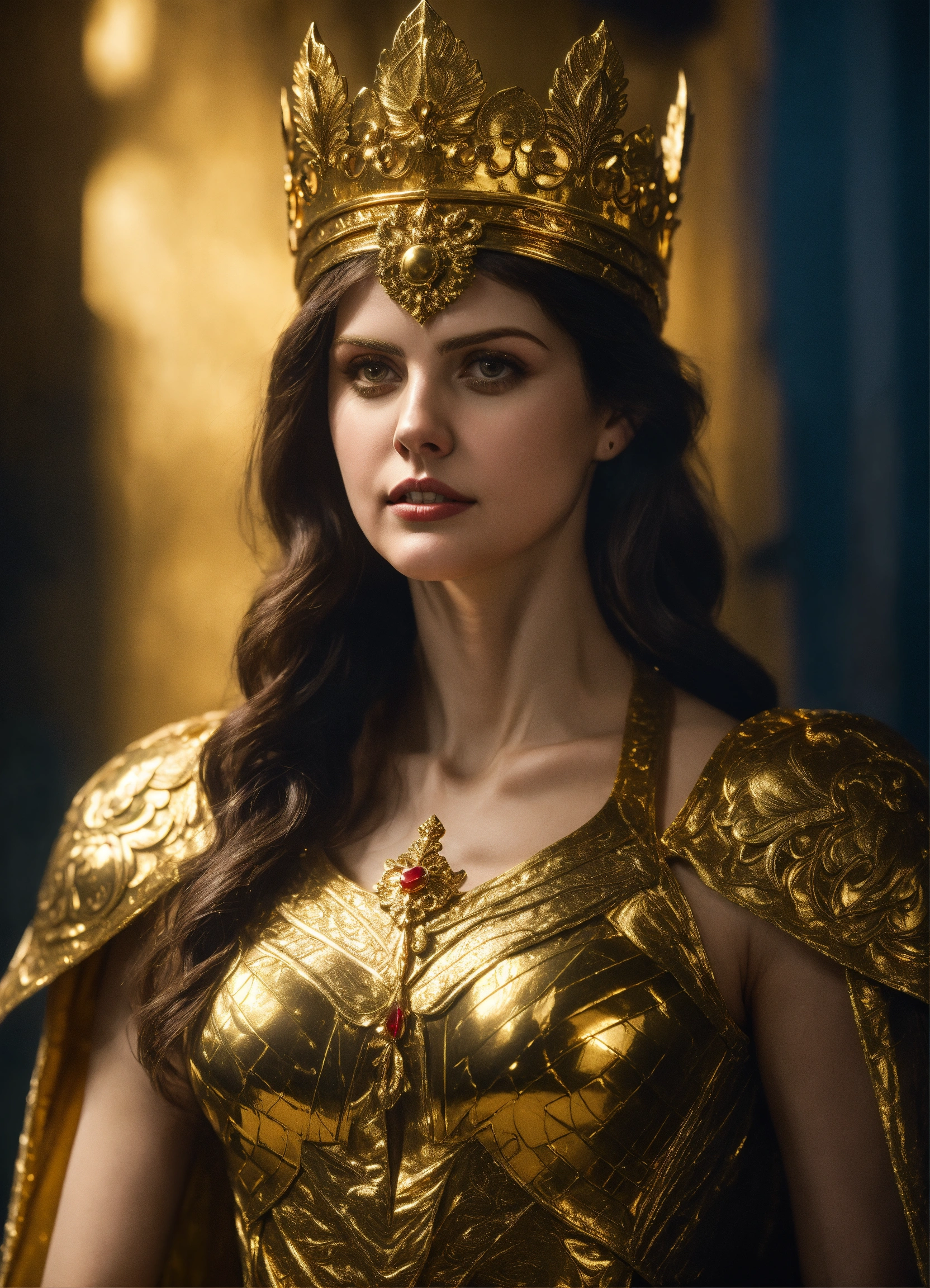 Lexica - Alexandra Daddario as goddess in golden armor with golden cape ...