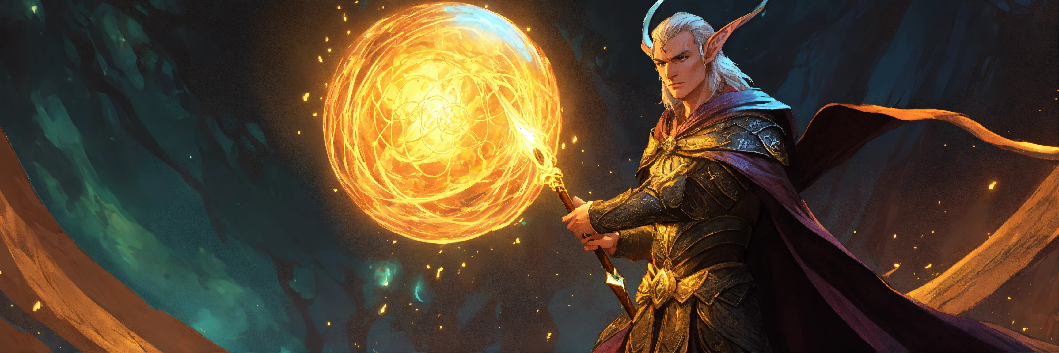 Lexica - Create a elder elf god in a heroic pose, holding a staff, back ...