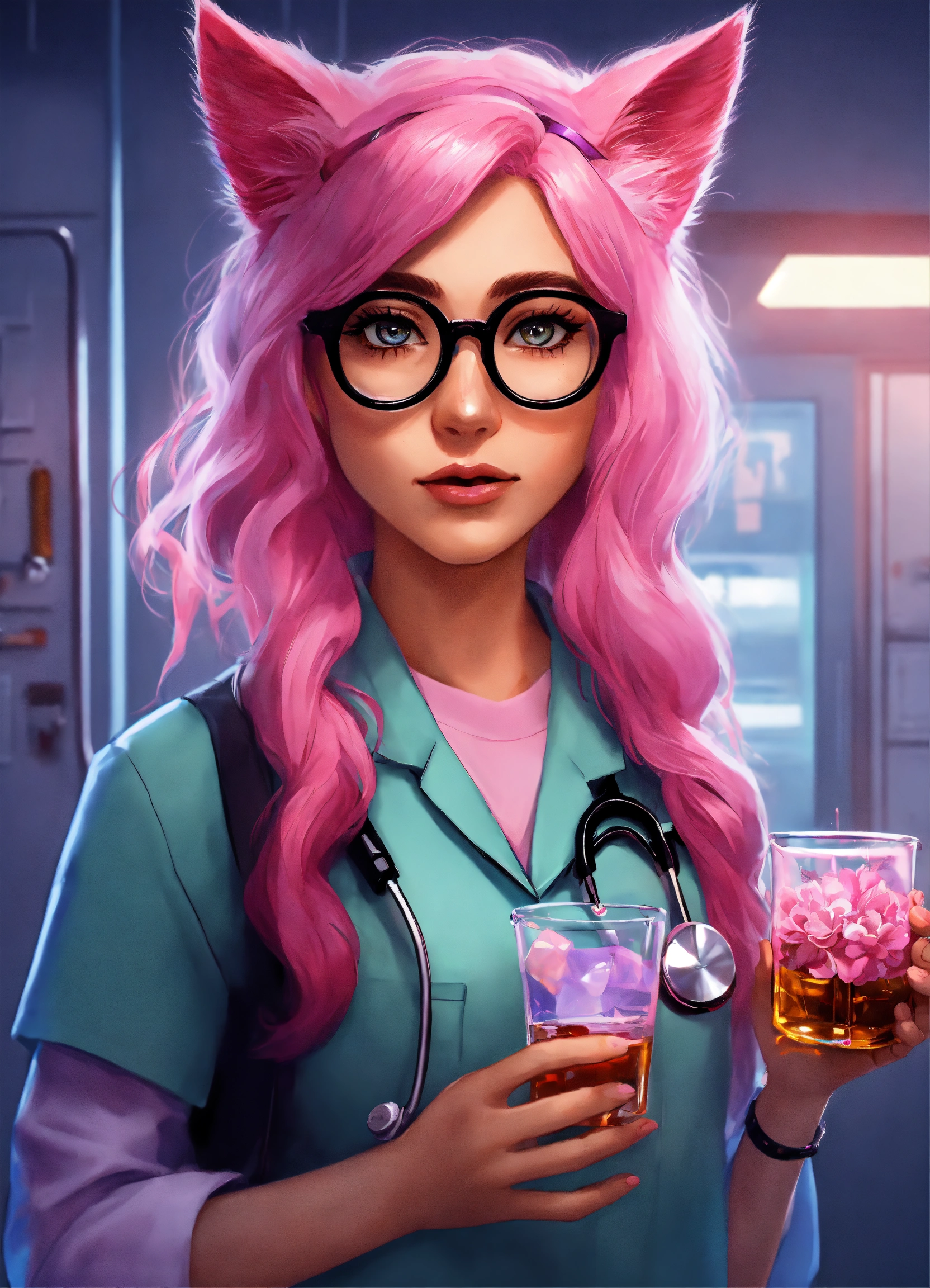 Lexica - Female doctor, with long pink hair, with cat ears color black ...