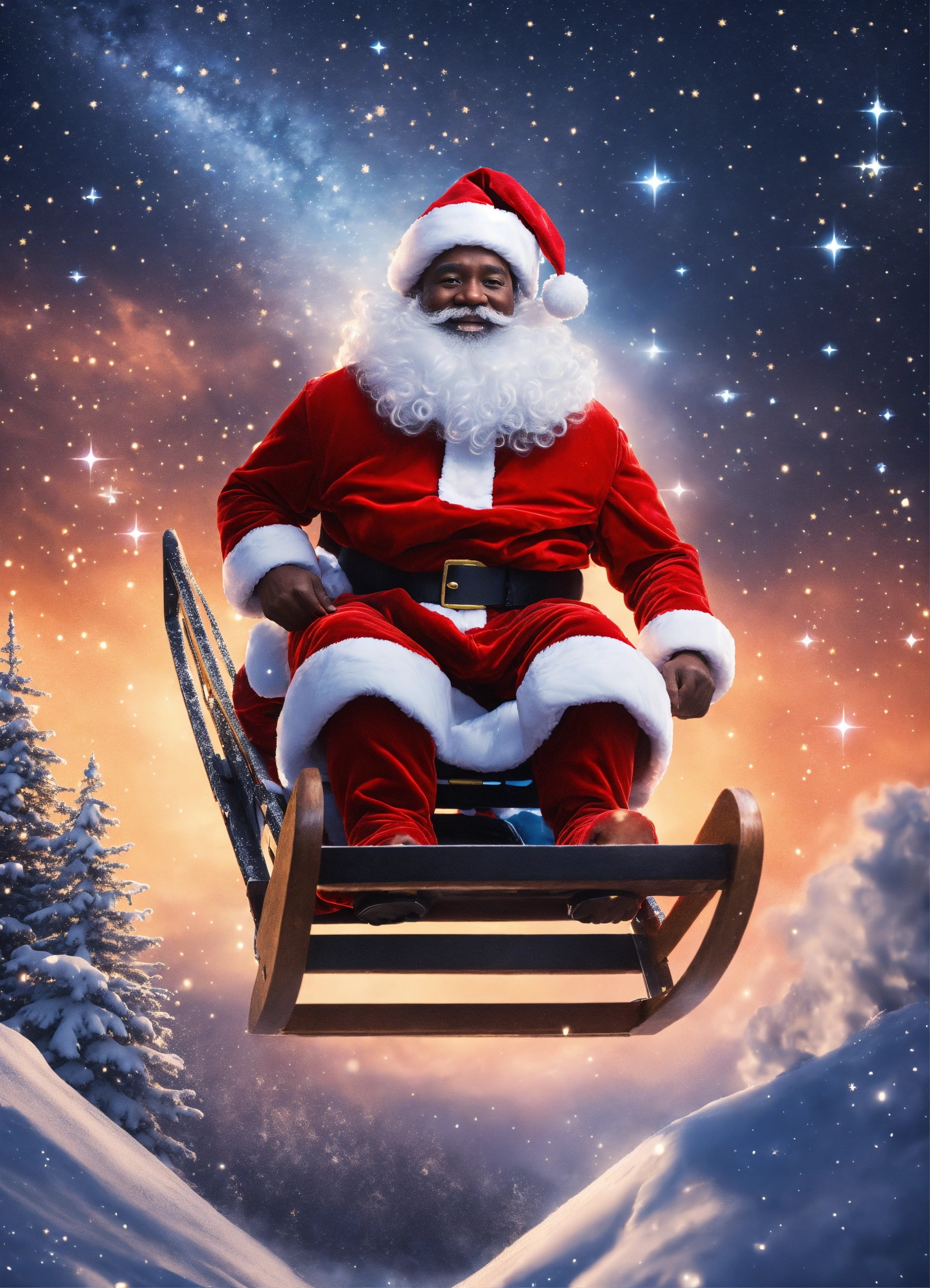 Lexica - Black Santa clause flying on sled in the sky with beautiful stars.