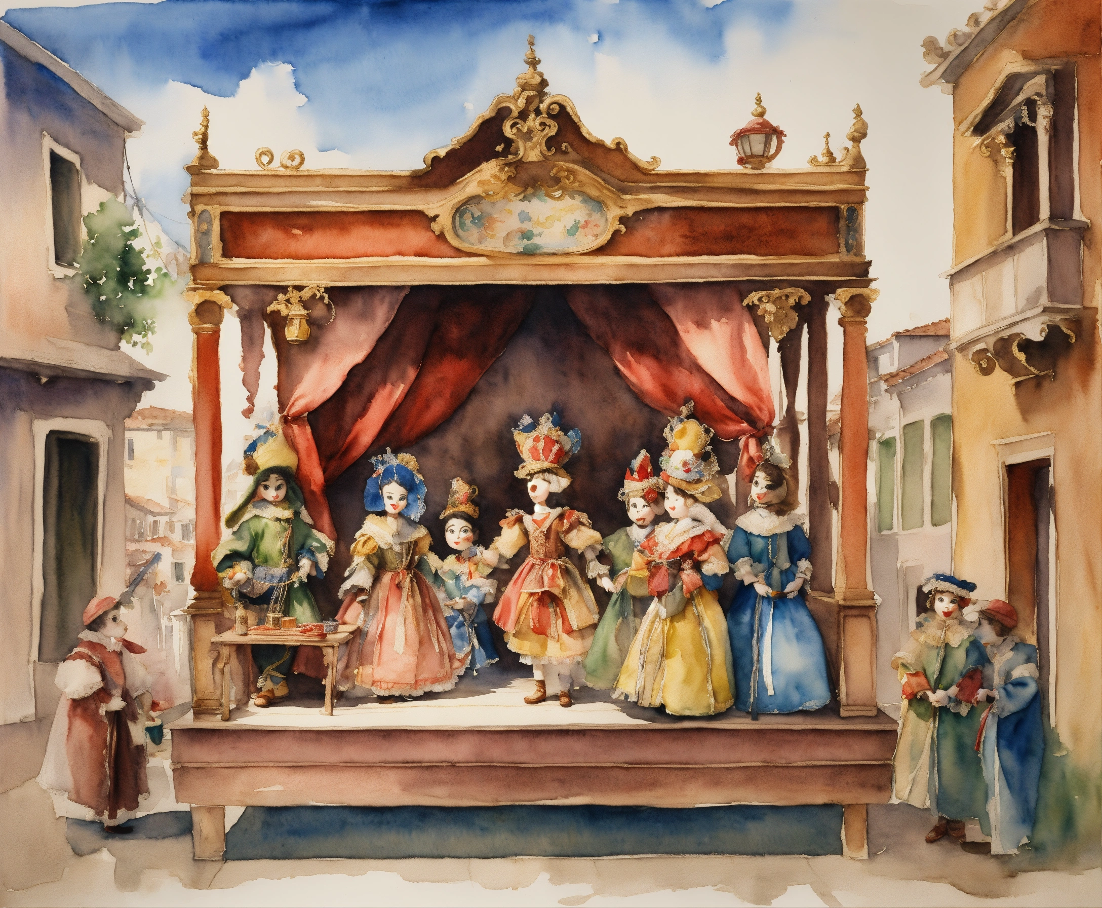 Lexica - Watercolor, very detailed, a little Venetian puppet show, with ...