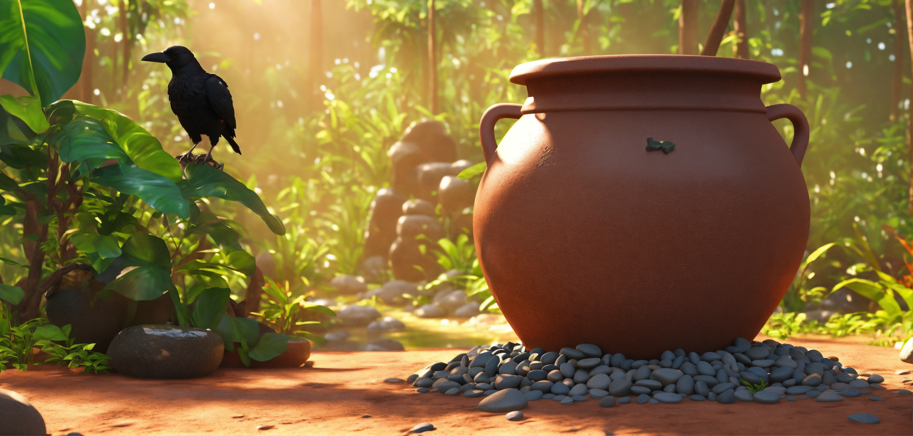 Lexica - 3d animation style big clay pot in jungle fill with water and ...