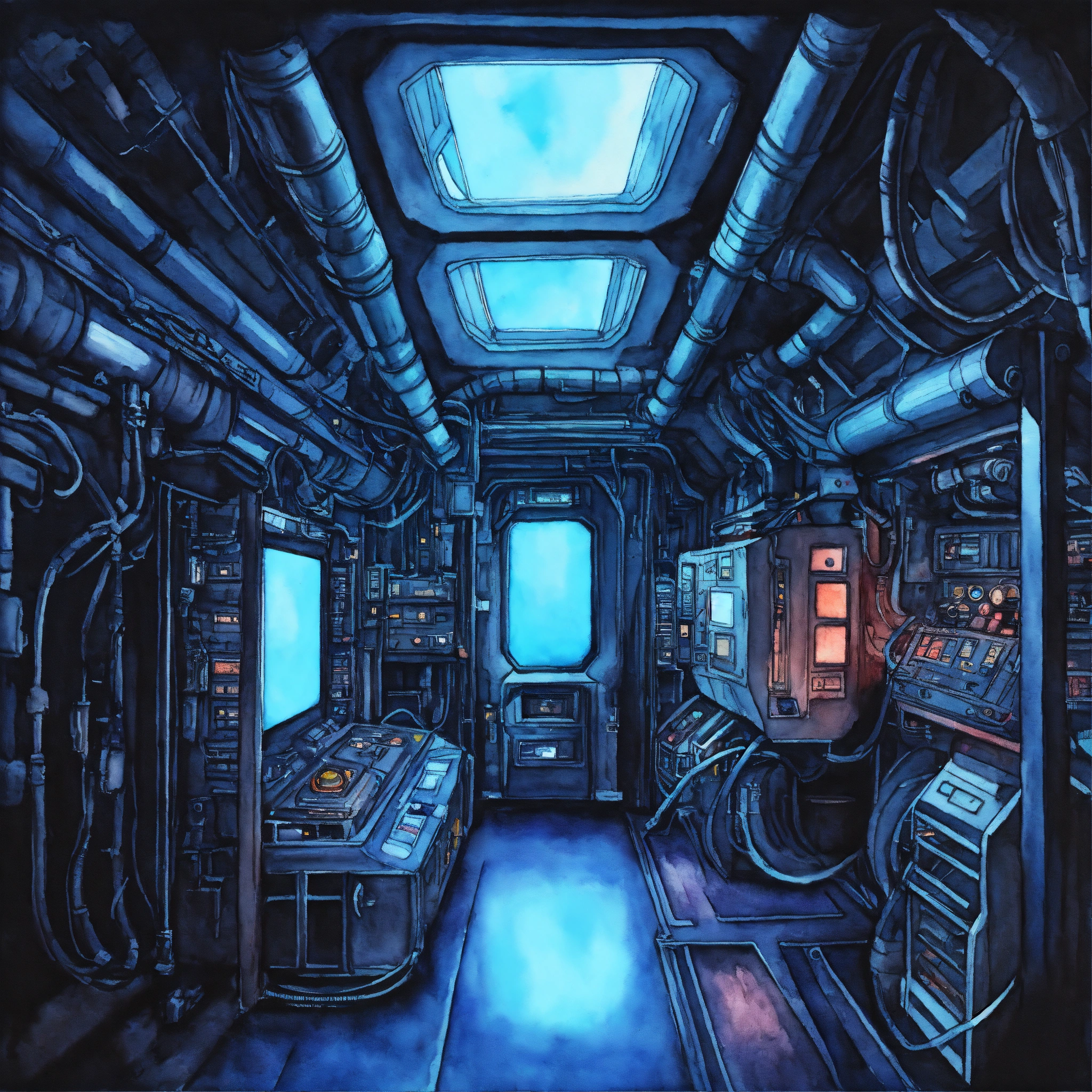 Lexica - Deep inside the dark engine rooms of a spaceship, watercolor ...