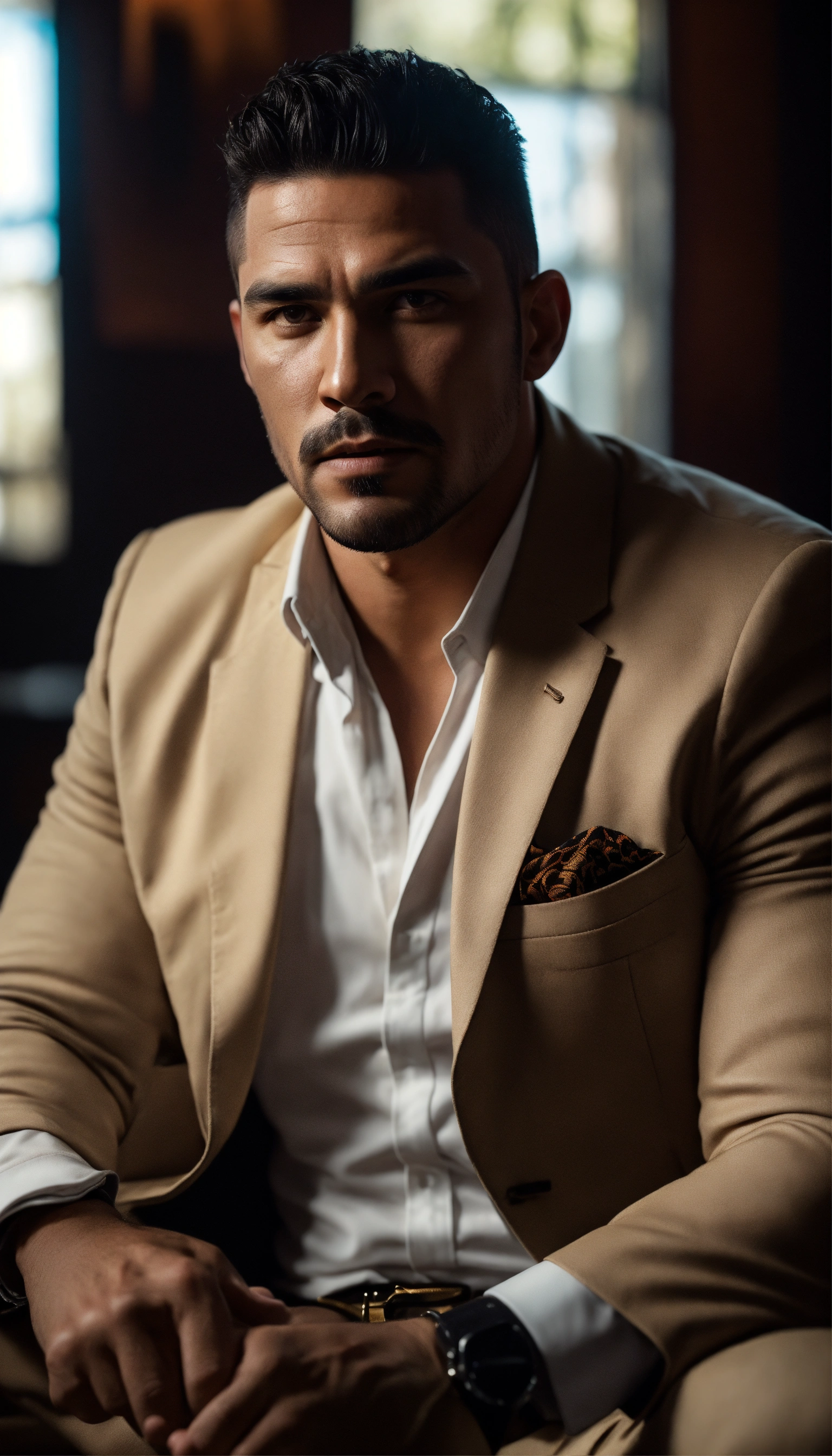 Lexica - A detailed photograph of a confident looking latino, sitting ...