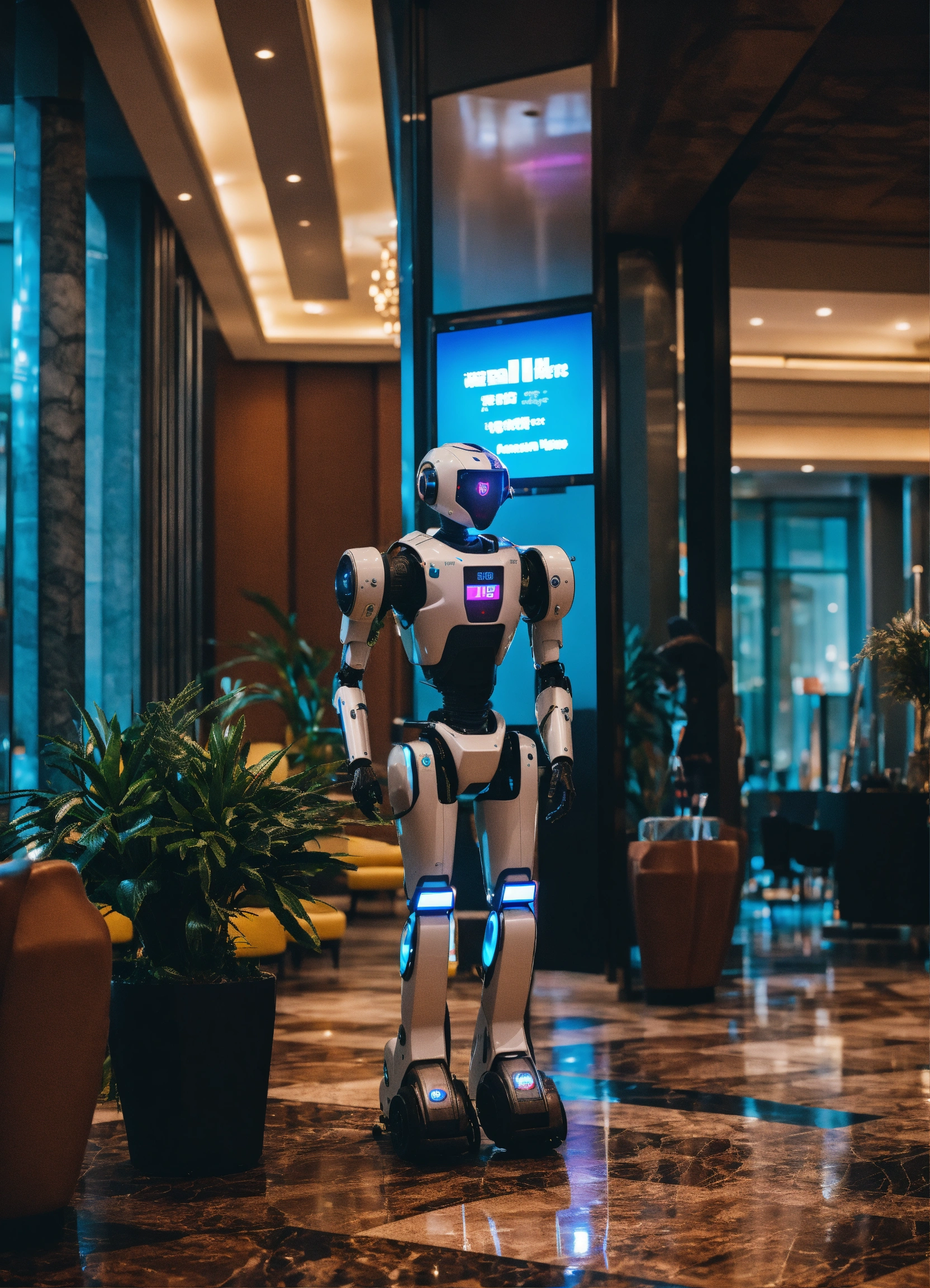 Lexica - Cyberpunk security robot in a hotel lobby