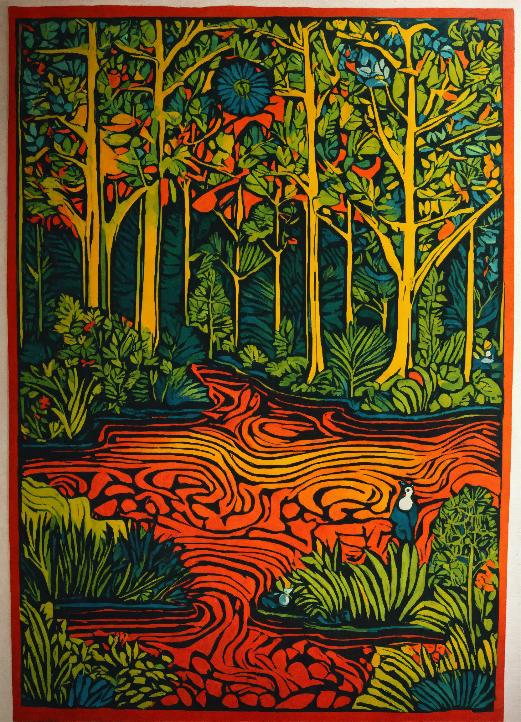 Lexica - Linocut, forest, folk art style inspired by marc chagall