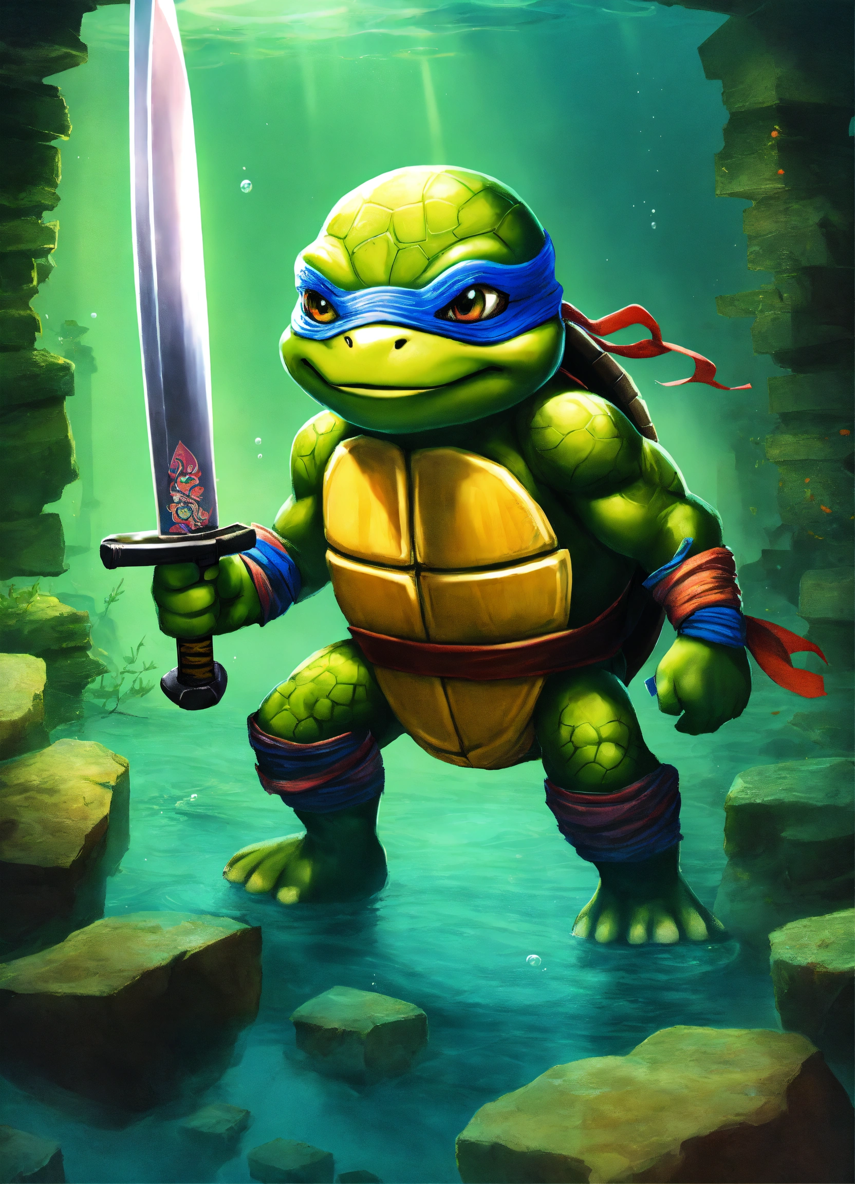 Lexica - A chibi ninja turtle with a green eye band and katana in ...