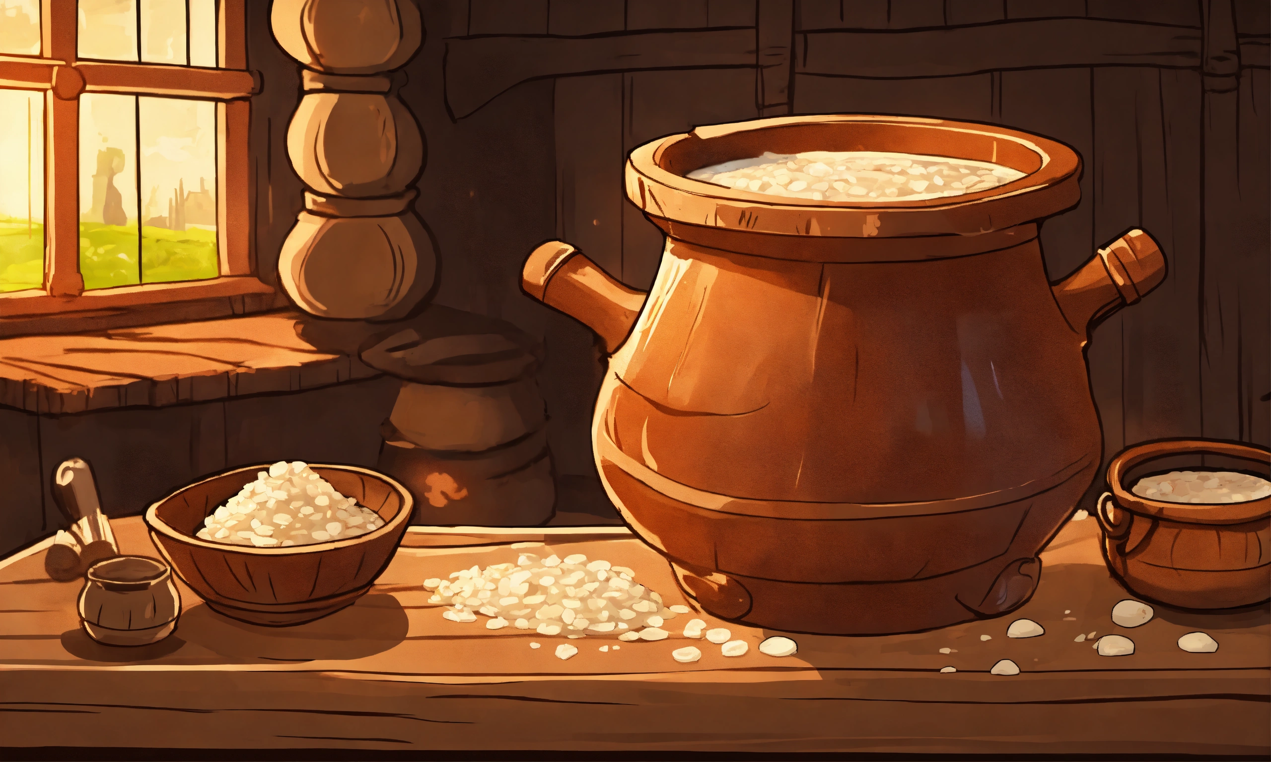 Lexica - Cartoon style an ax and delicious porridge in a clay medieval ...