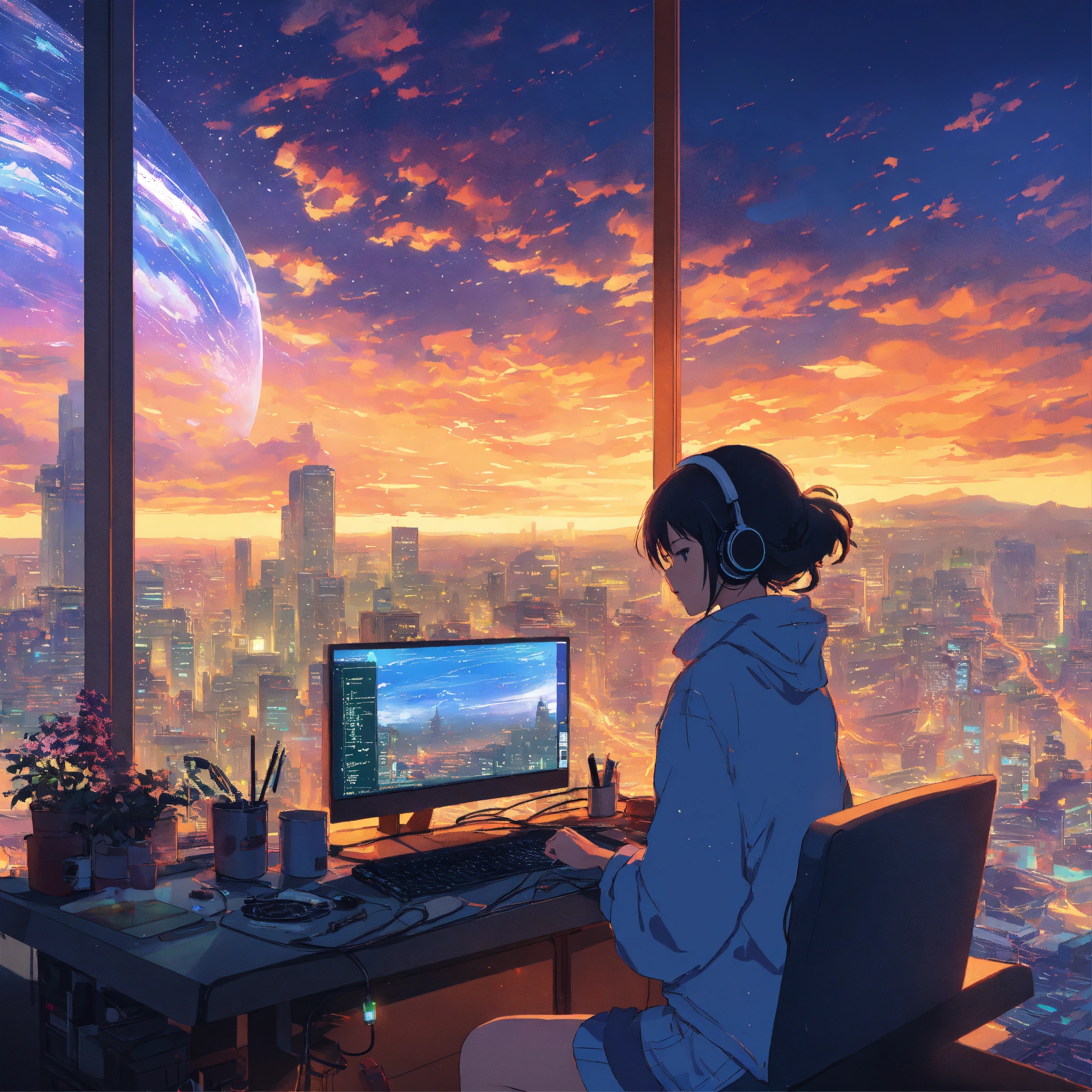 Lexica - Create a high resolution artwork of chillhop, Anime Girl is ...