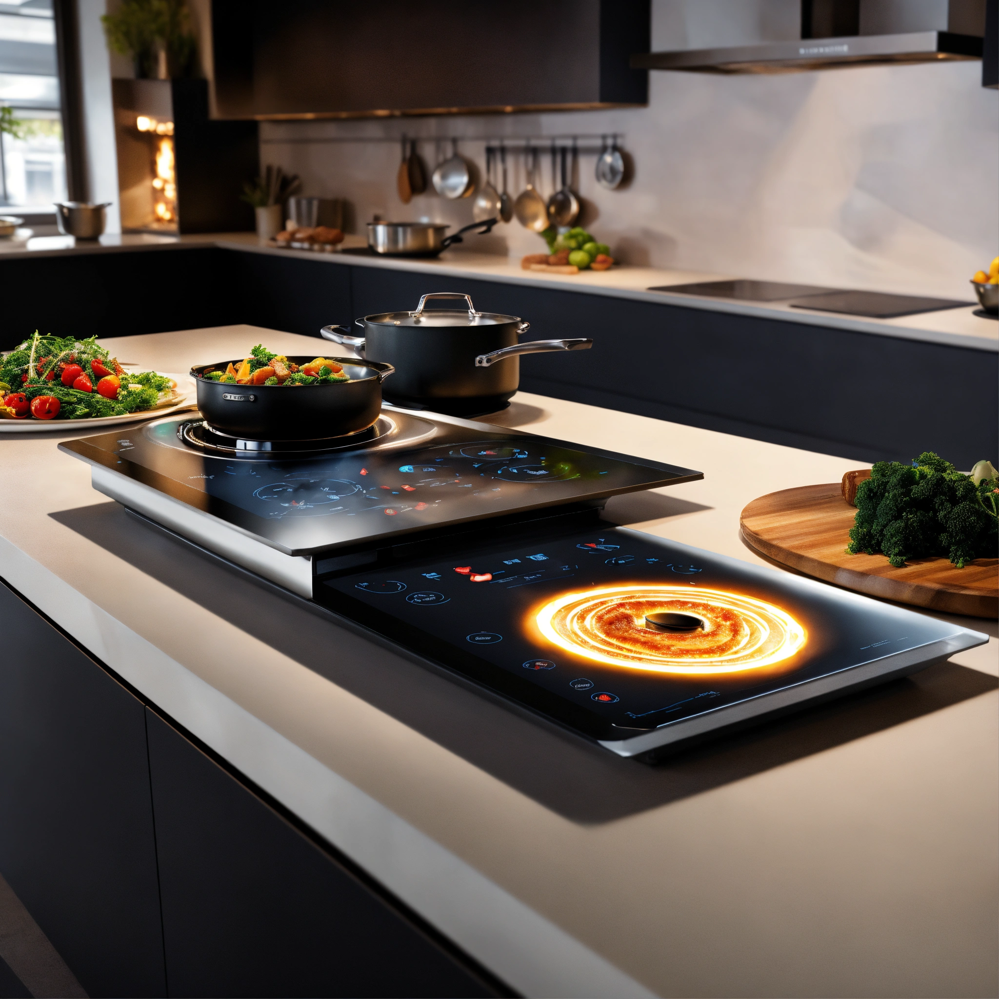 Lexica - Tablet seamlessly integrated into a kitchen island, UI/UX showcasing an induction ...