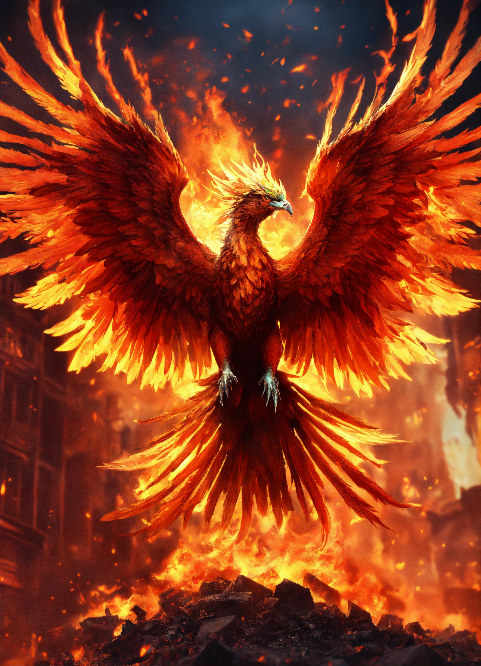 Lexica - A fire-coloured raging old Phoenix rising from ashes with its ...