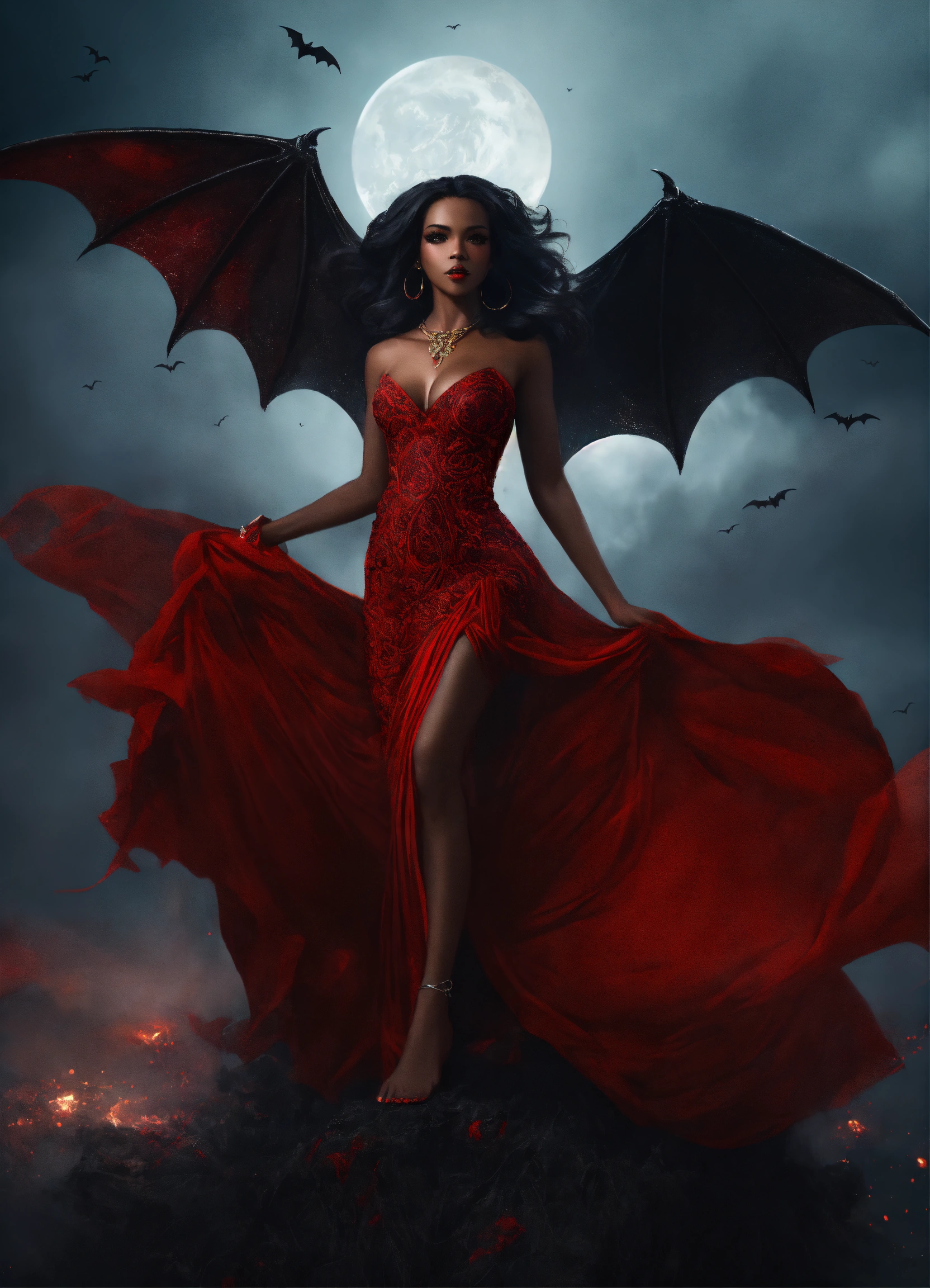 Lexica - Full body evil black vampire woman with dark brown skin entangled in a dark mist spiral ...