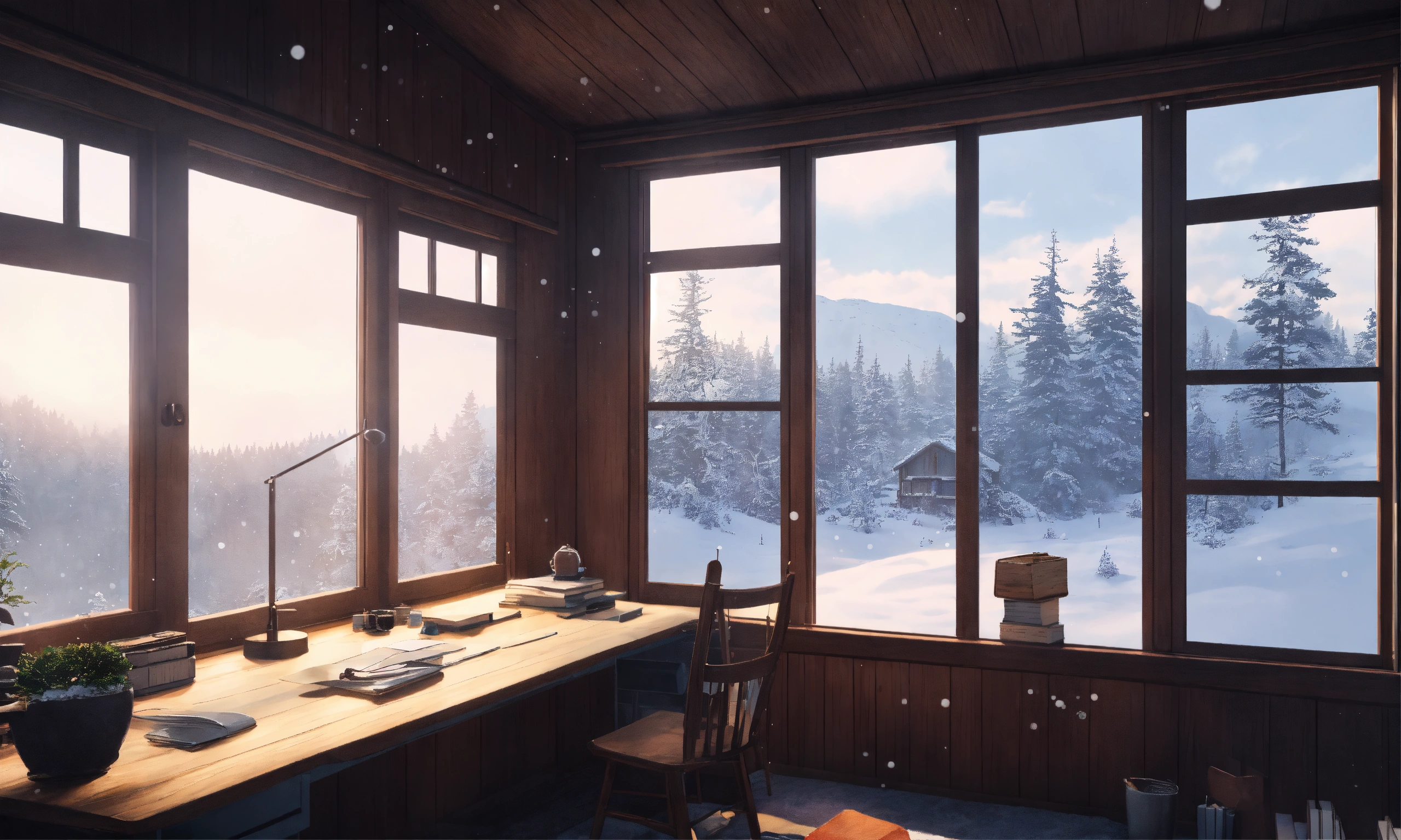 Lexica - Study room in forrest cabin, dark grey washed tints, studio ...