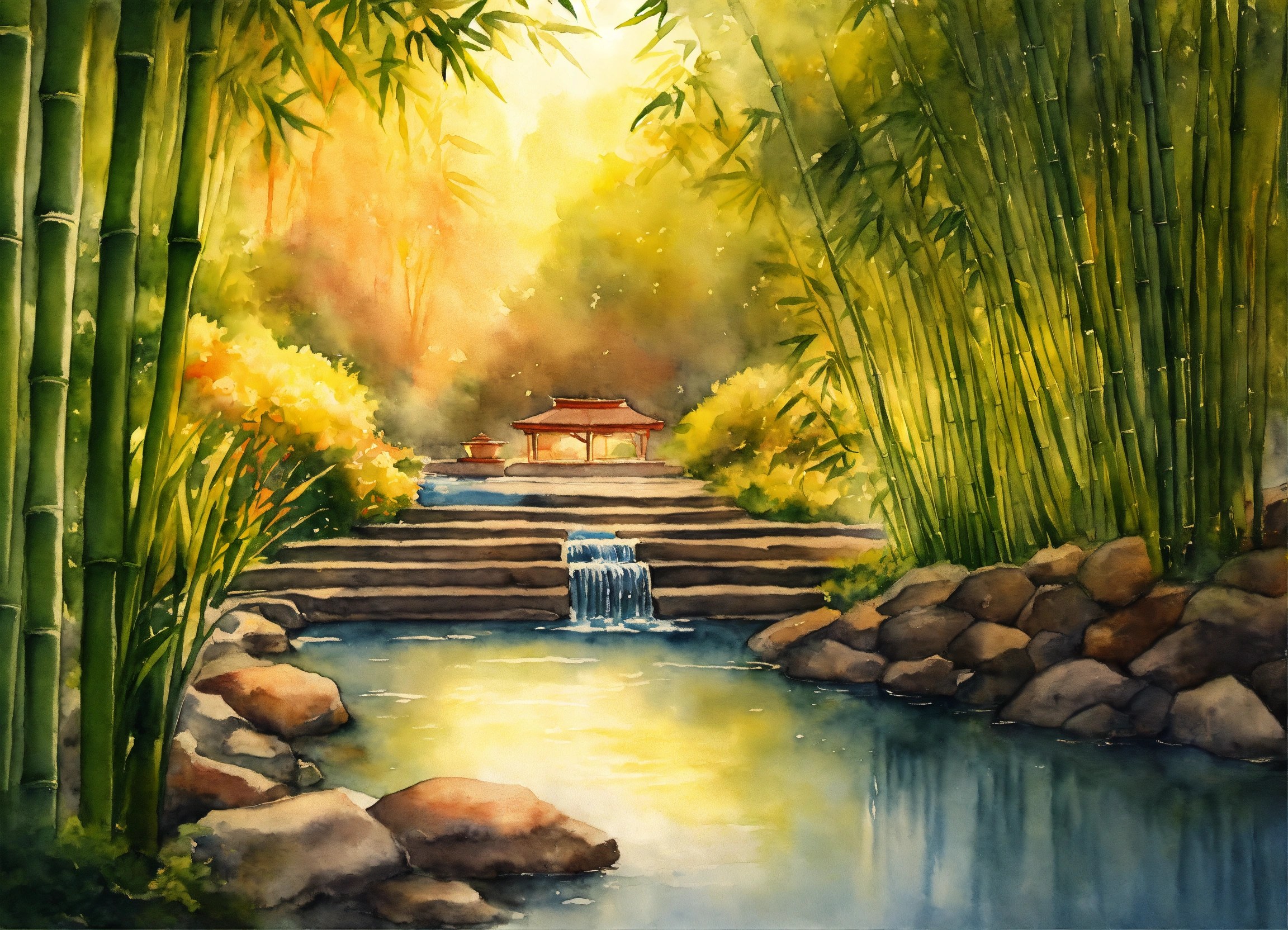 Lexica - Watercolour painting, bamboo fountain, stream, bamboo forest ...