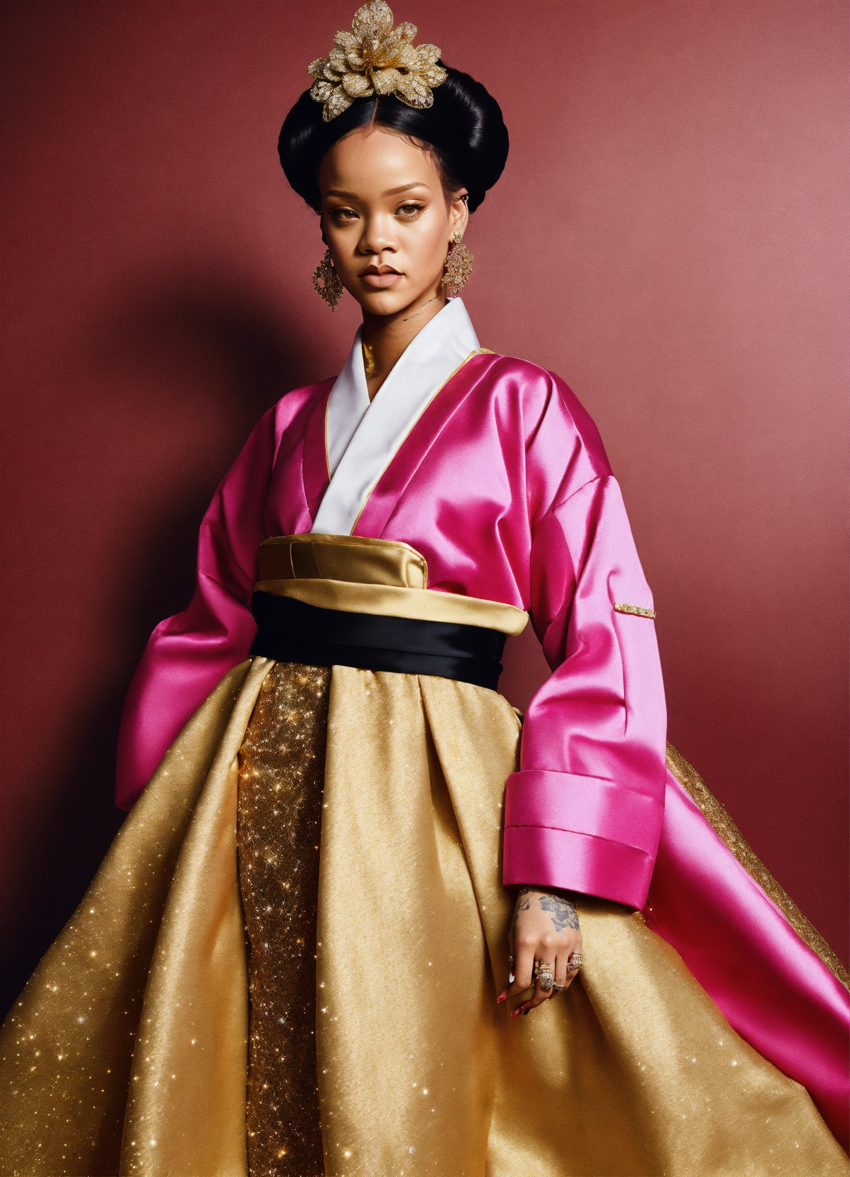 Lexica - Rihanna glamorous sparkly diamond studded hot pink and gold modern hanbok with pants ...