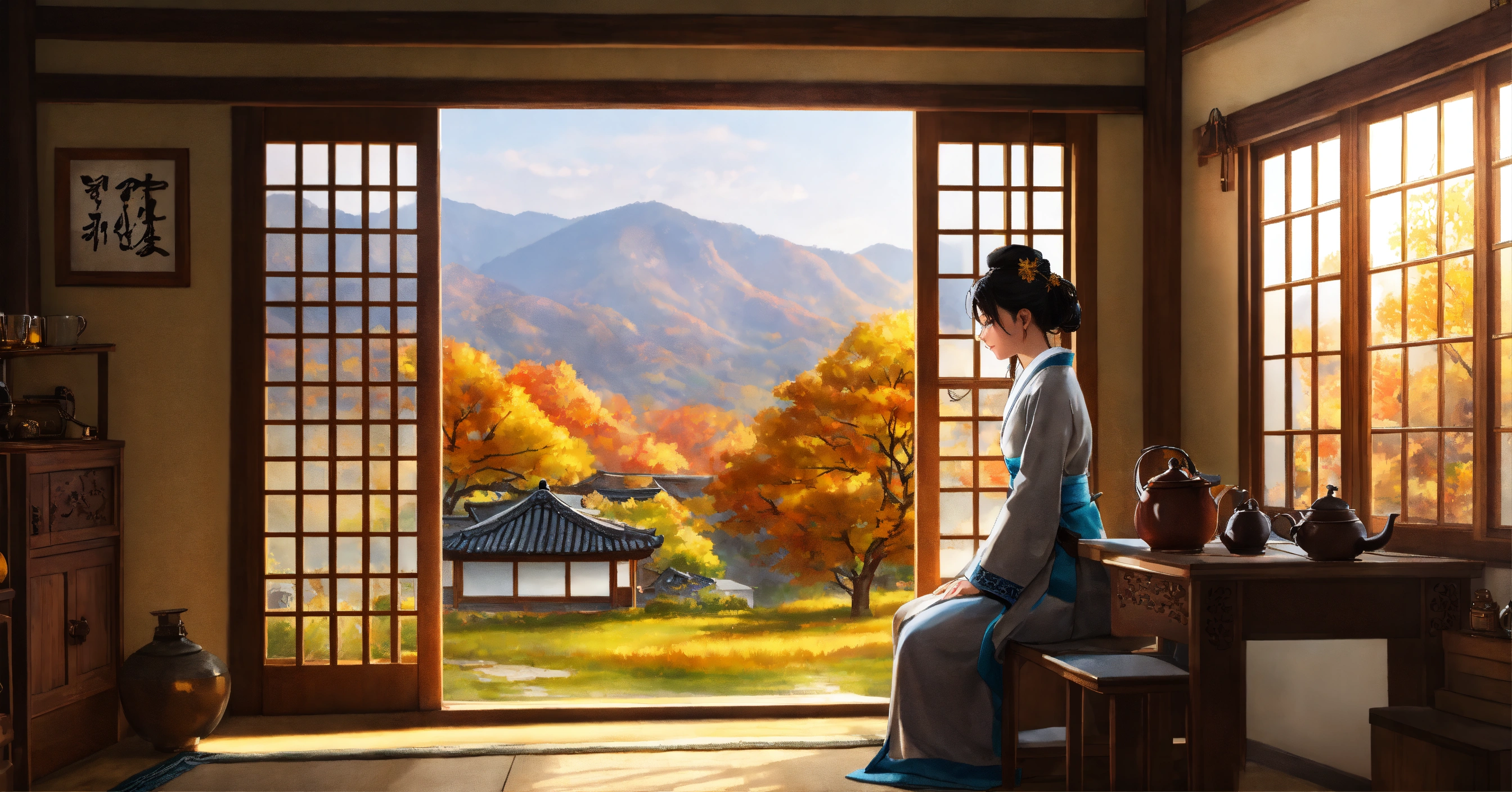 Lexica - Photorealistic, inside of a cozy Korean hanok with fireplace ...