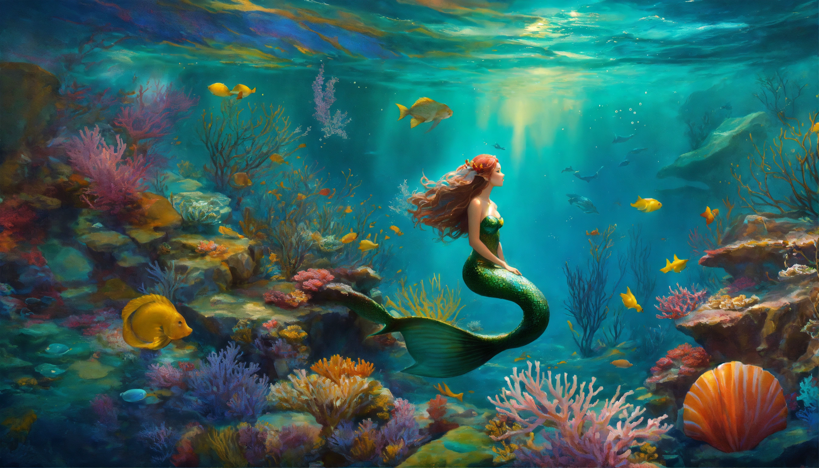 Lexica - Coral reefs surrounding the mermaid swimming gracefully in the ...