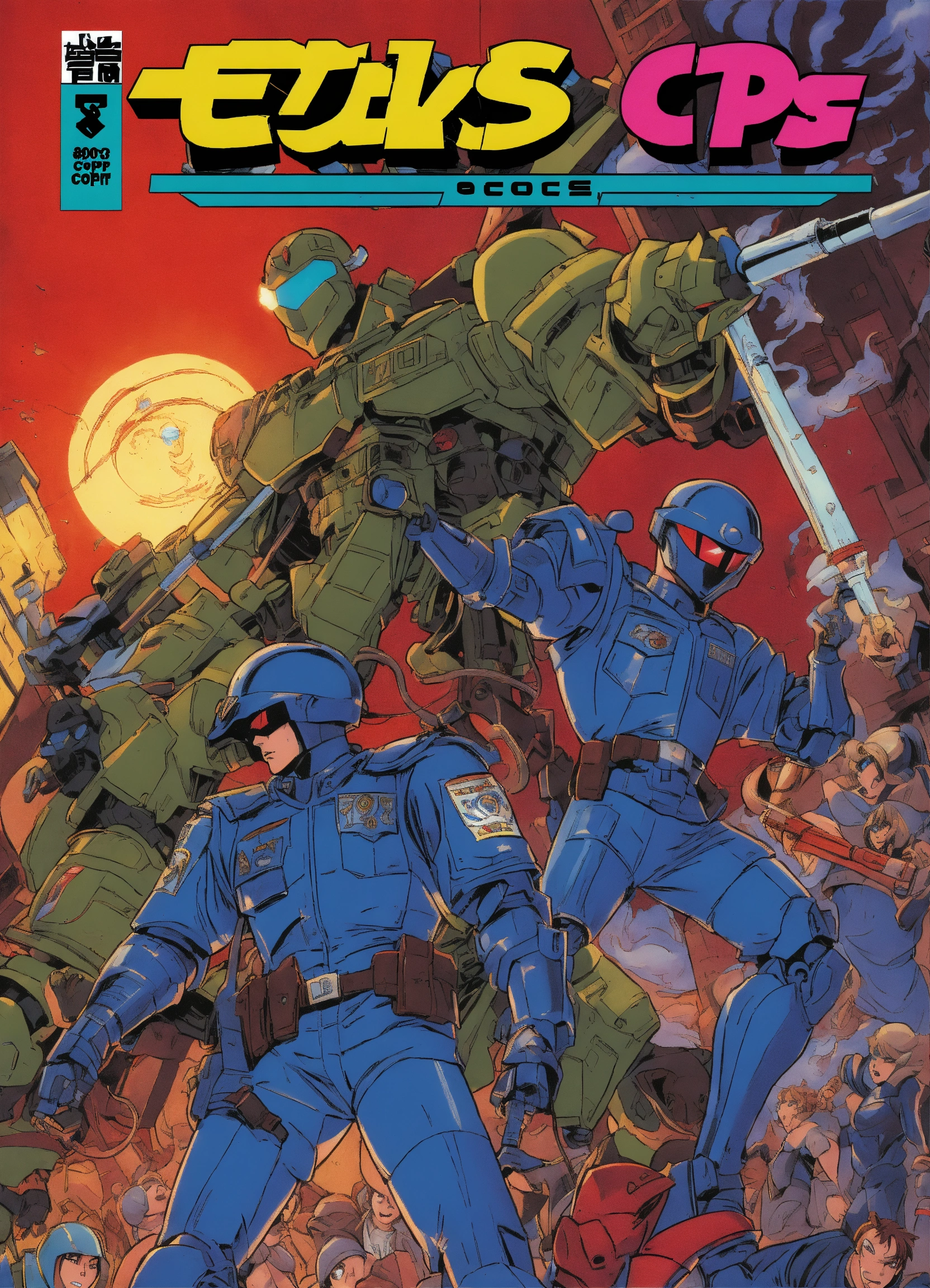 Lexica - 80s anime evil cops and robots fighting comic cover