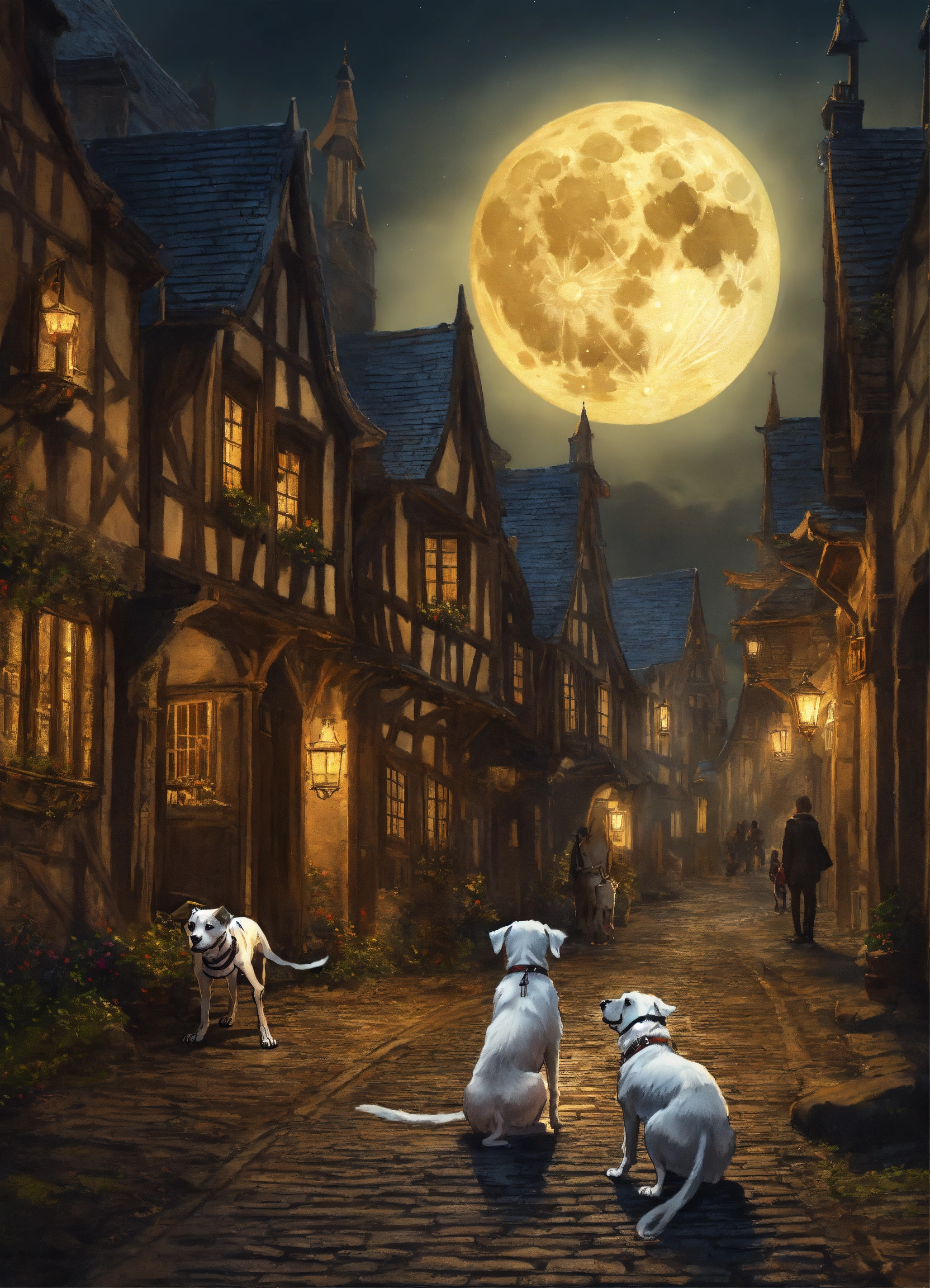 Lexica - Pack of skeleton dogs in medieval city, night with full moon ...