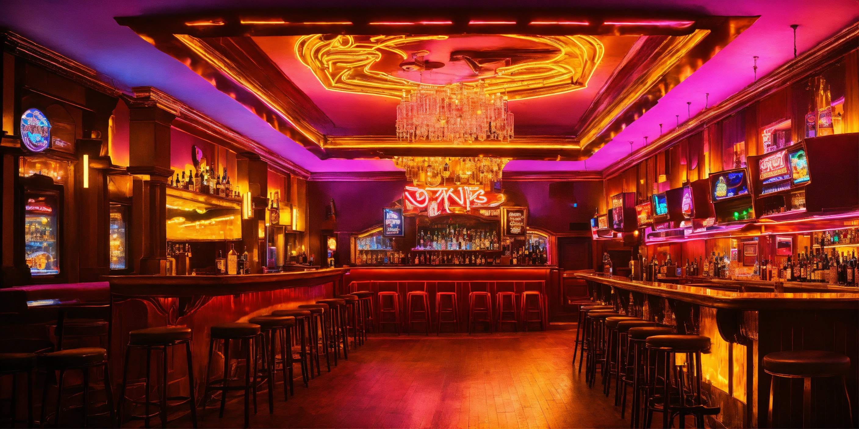 Lexica - Old saloon, bar, neon lights, perspective, deep room, Las ...