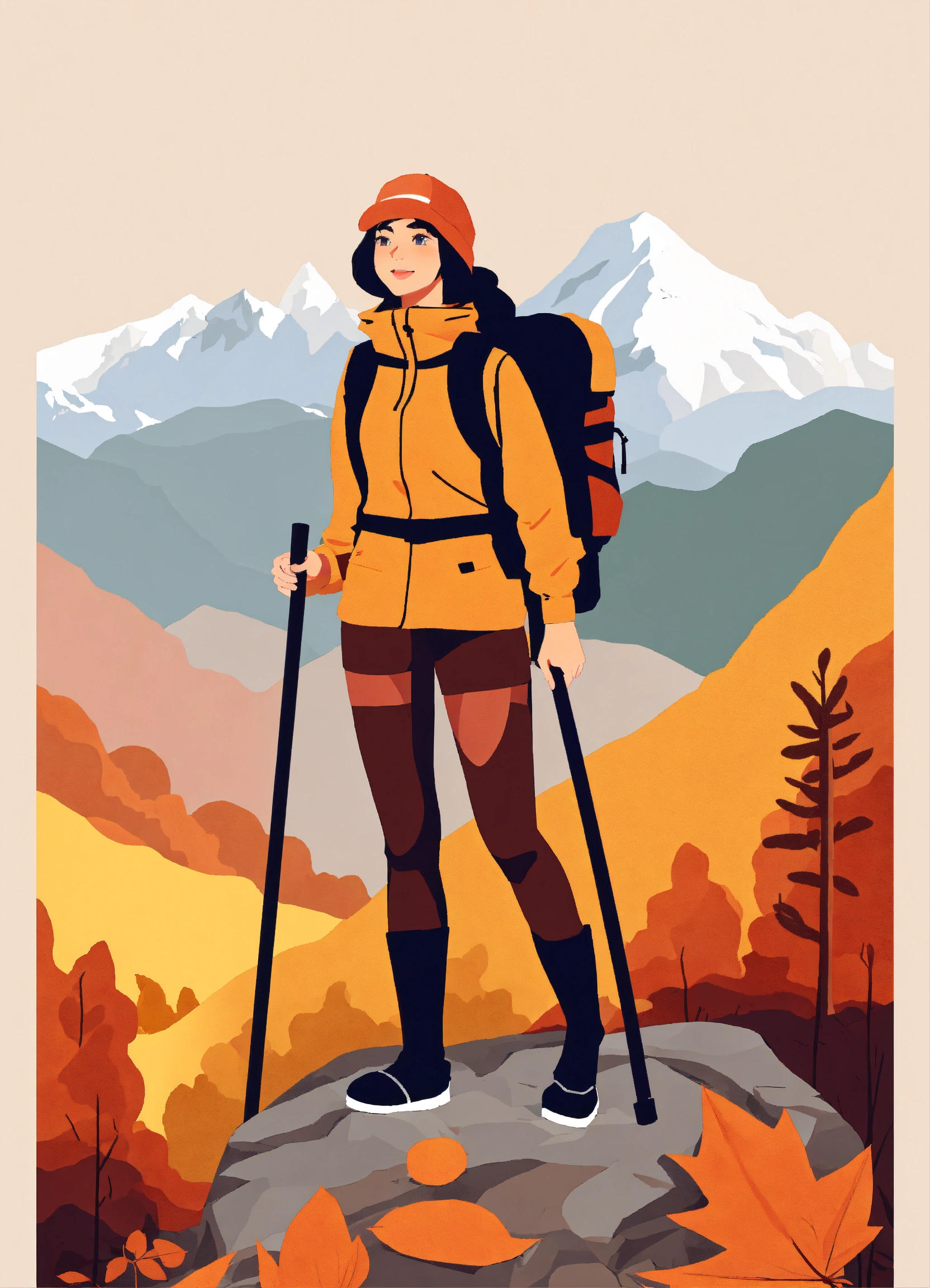 Lexica - Cute female hiker, with wooden hiking stick, in autumn and ...