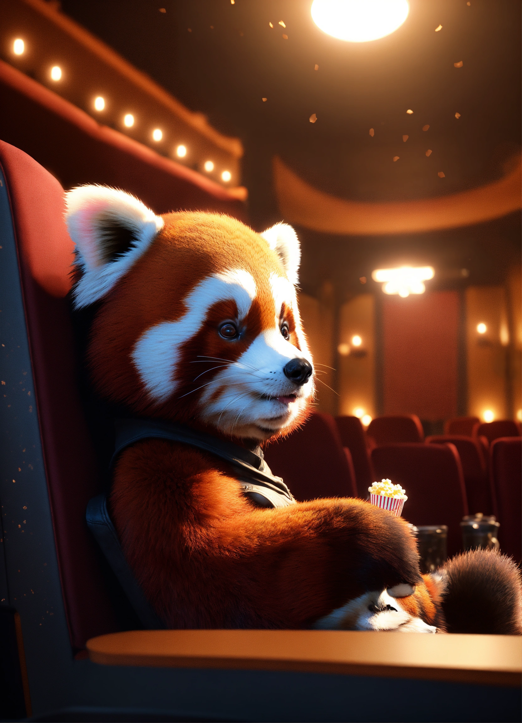 Lexica - Cute small humanoid red panda sitting in a movie theater ...