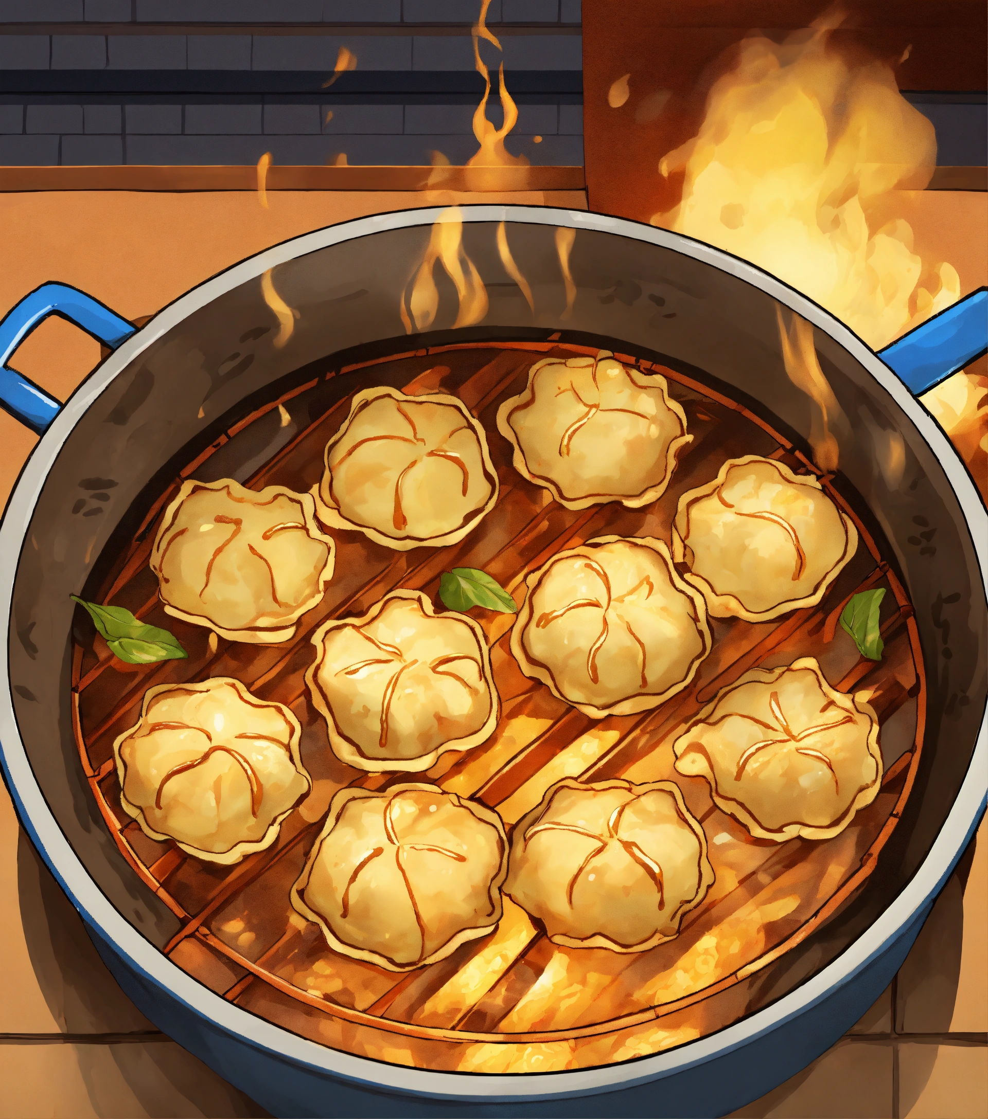 Lexica - A very funny cartoon illustration of Fried dumplings sizzling ...
