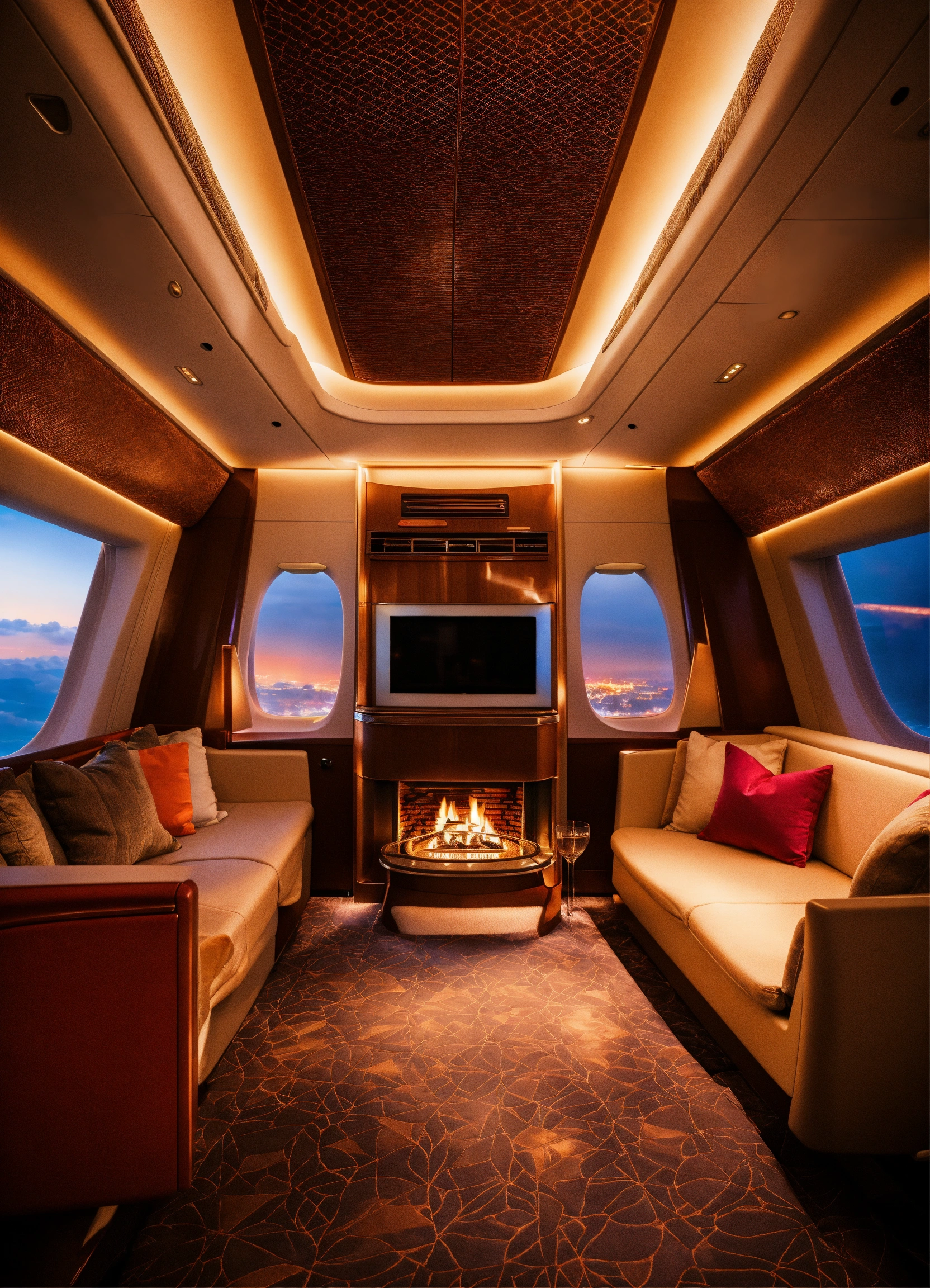 Lexica - Luxury first class airplane interior fireplace