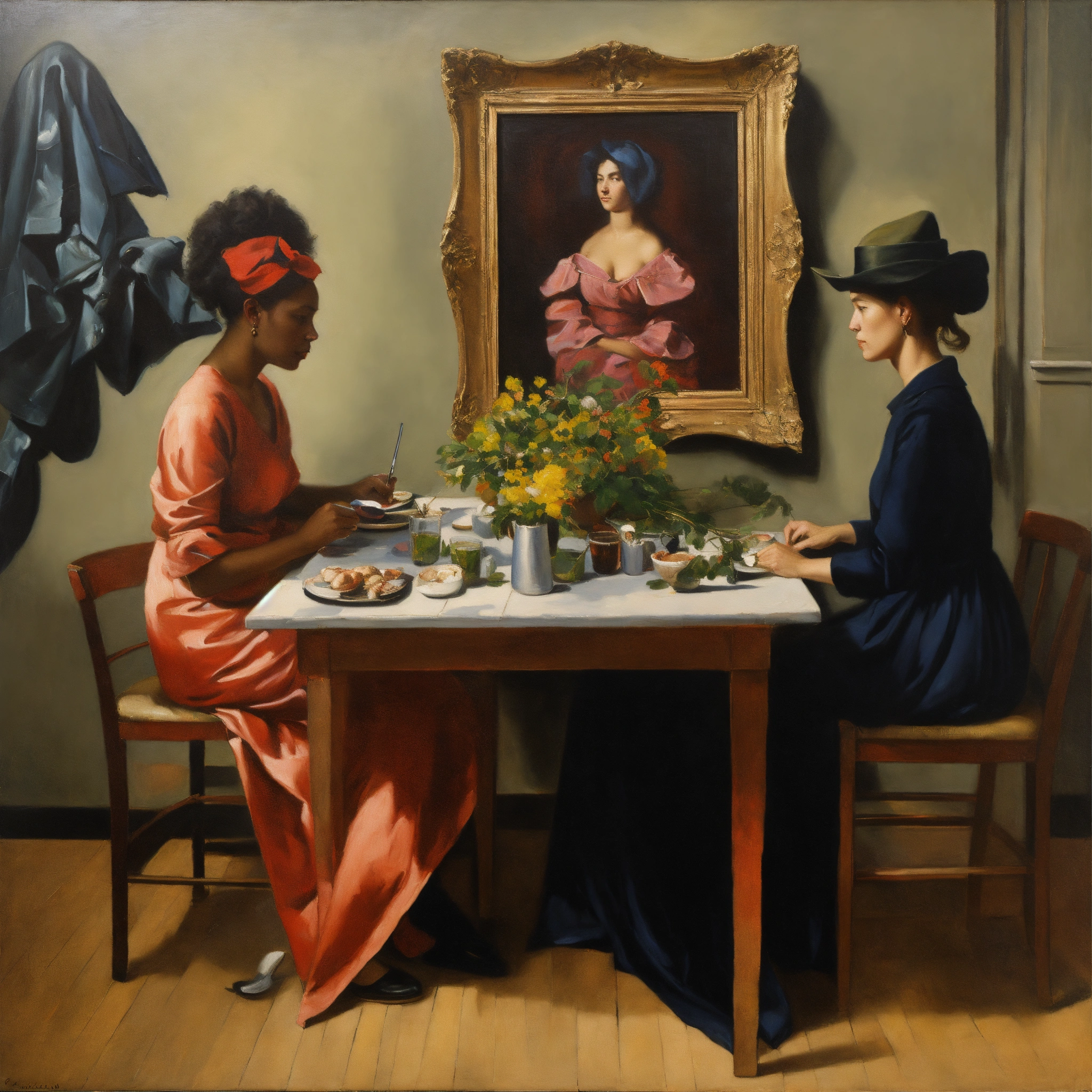 Lexica - 2 woman tallking in table in oil painting style charles jones ...
