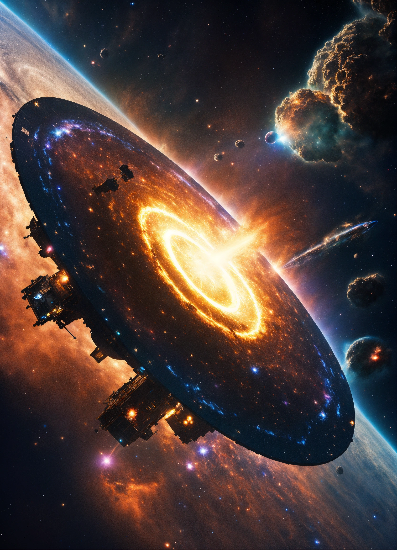 Lexica - A spaceship escaping a galaxy center while a star is exploding, surrounded by ...