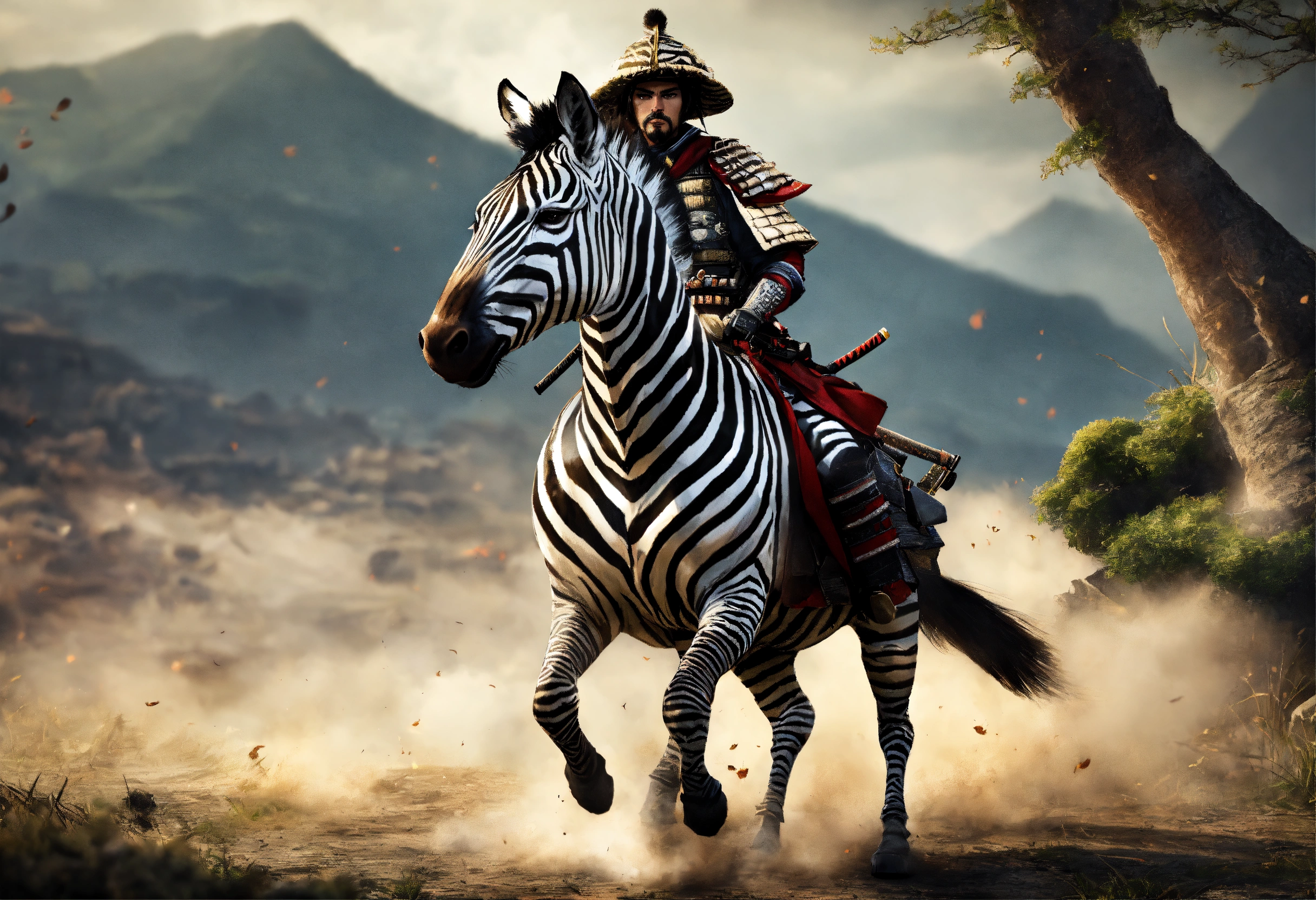Lexica - Zebra samurai with arms. battlefield. hyper realistic.