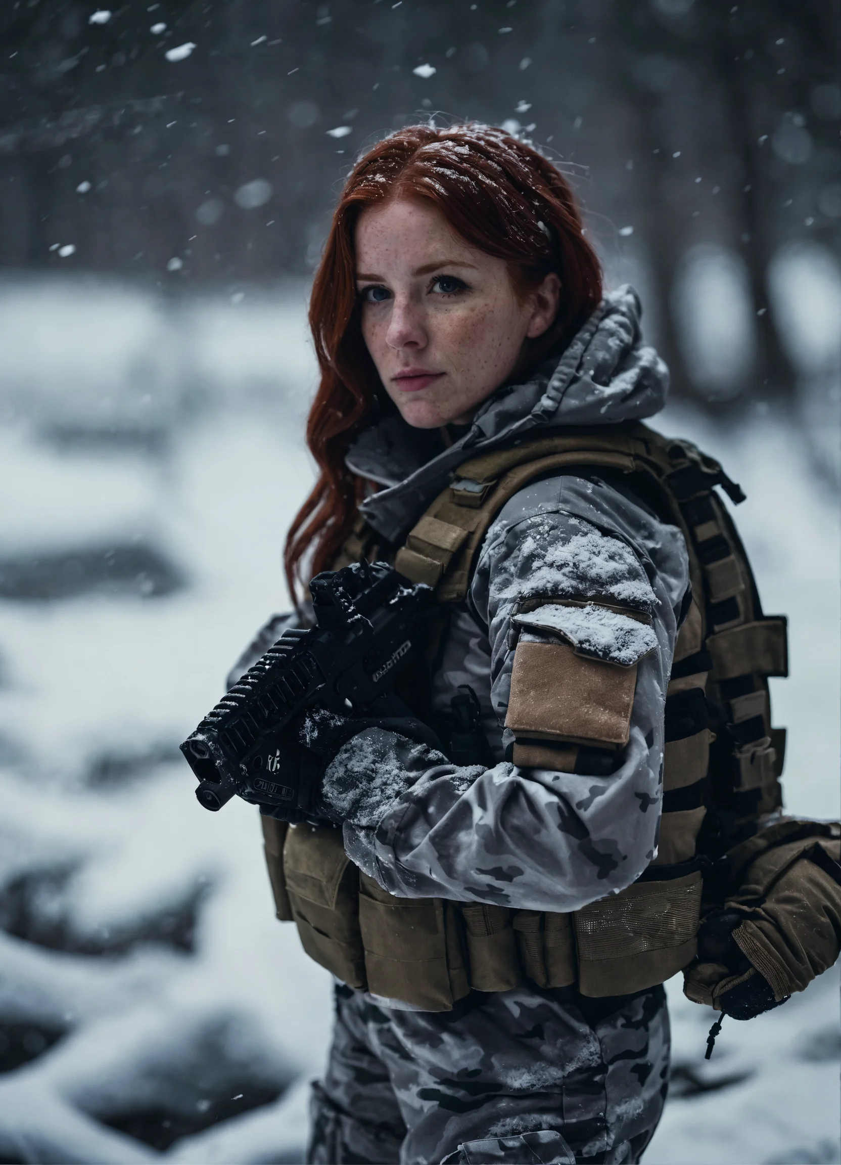 Lexica - A beautiful redhead nurse, wearing winter camo military gear ...