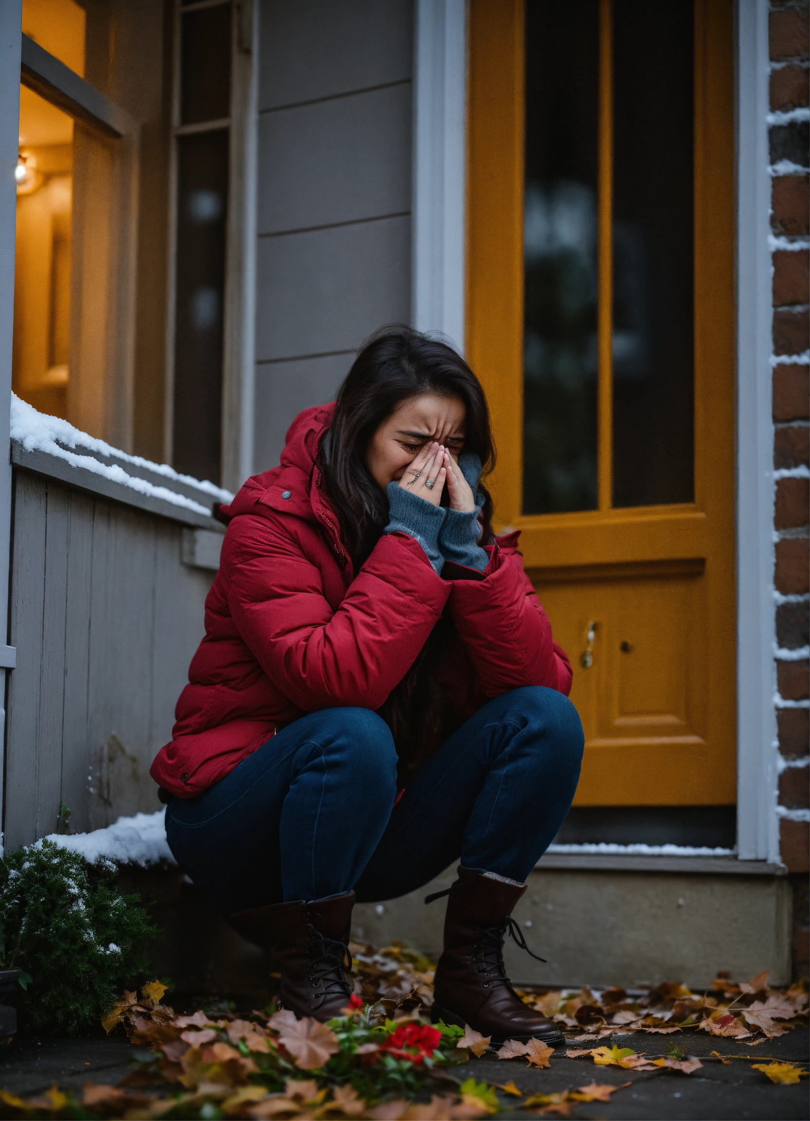 Lexica - A woman is sitting on the doorstep of a house outside in the ...