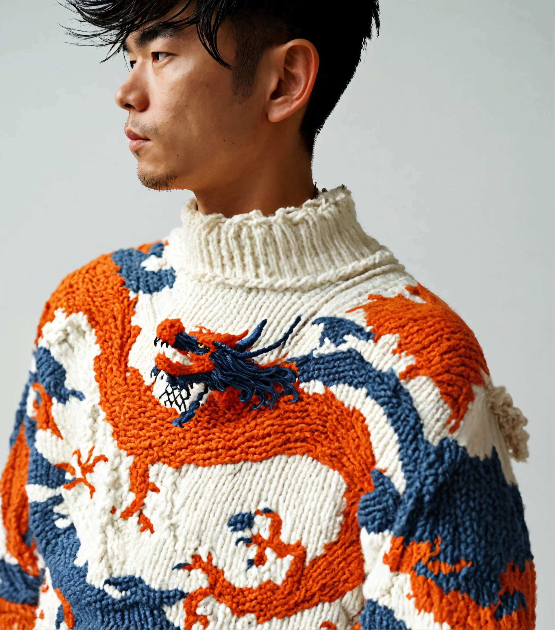 Lexica - A man with a dragon knitted sweater in a white background, in ...