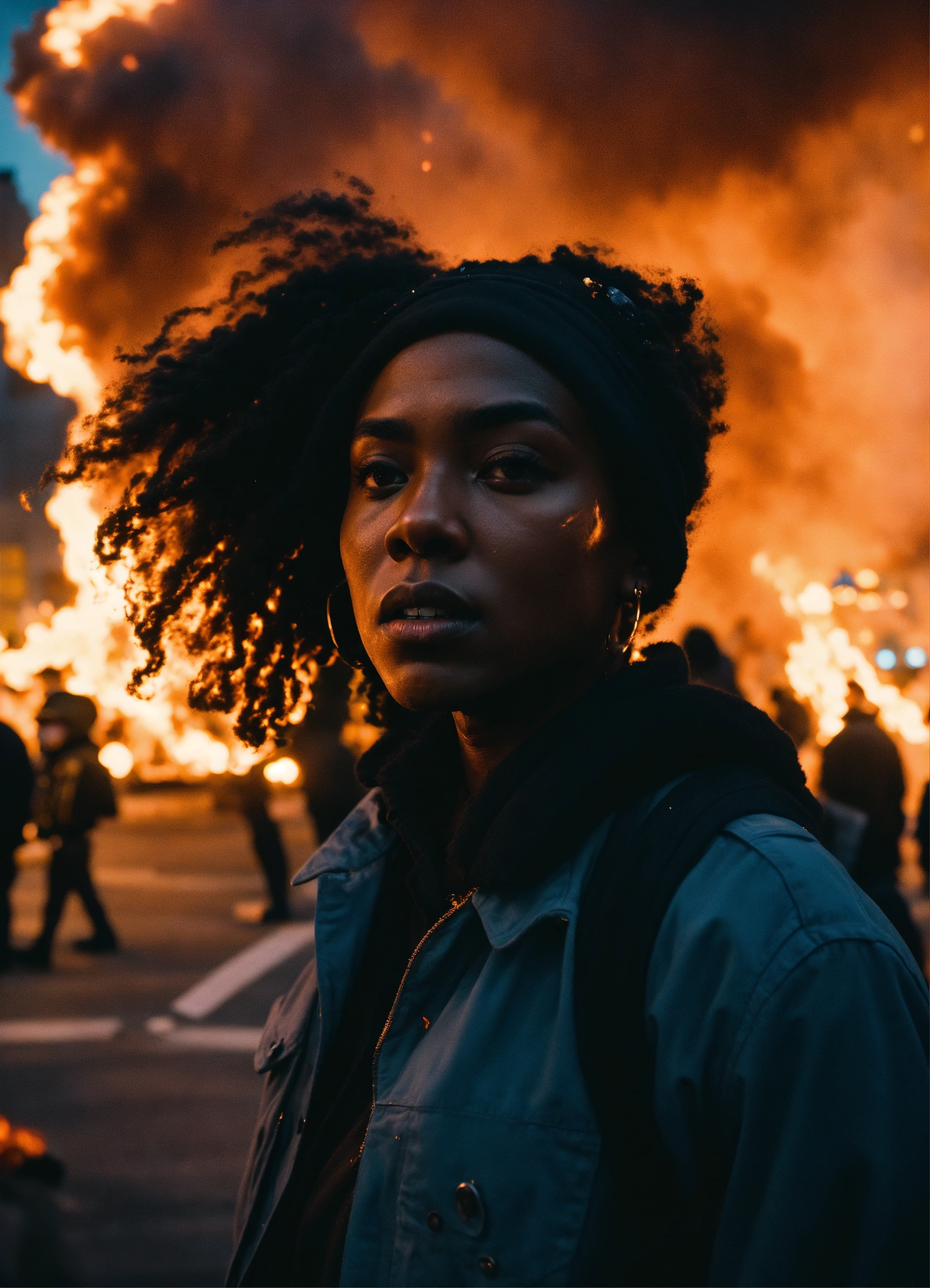 Lexica - Dark aesthetic photo, an black man amidst a chaotic street ...