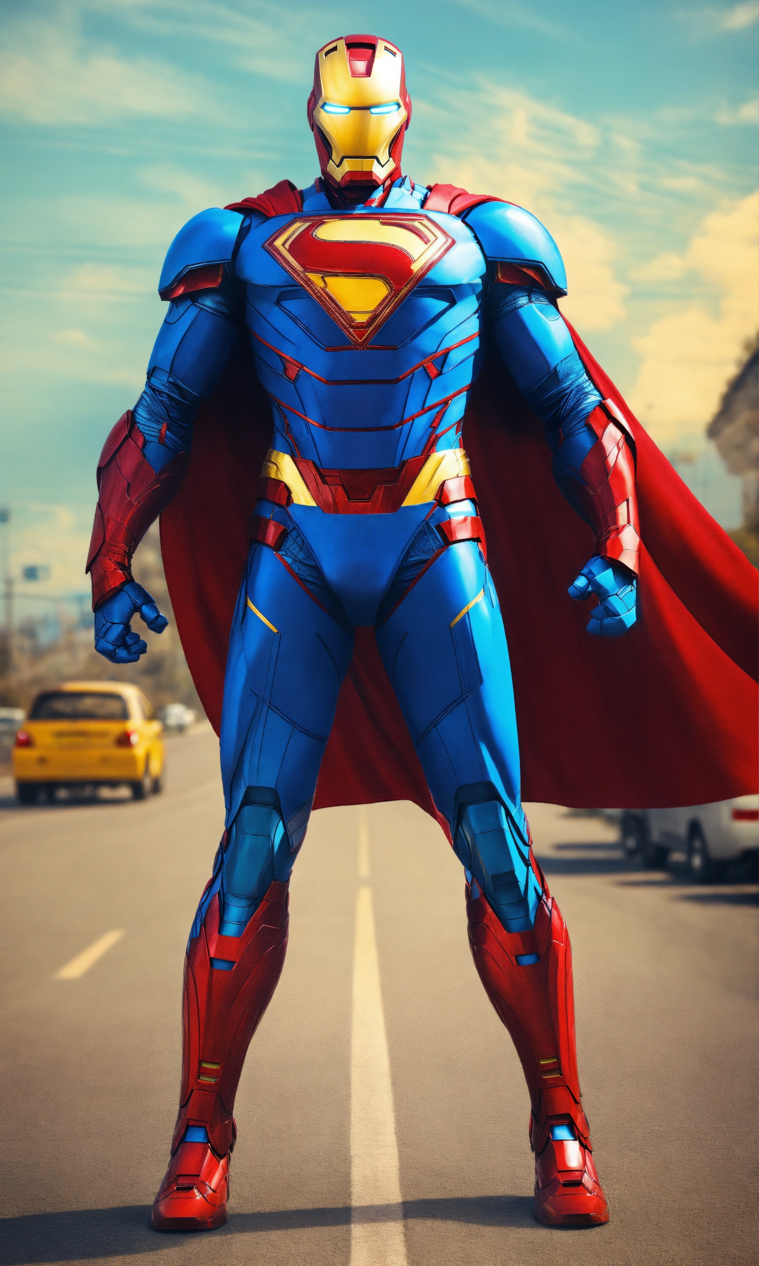 Lexica - Iron Man as Superman full-body, colorful background, blue ...