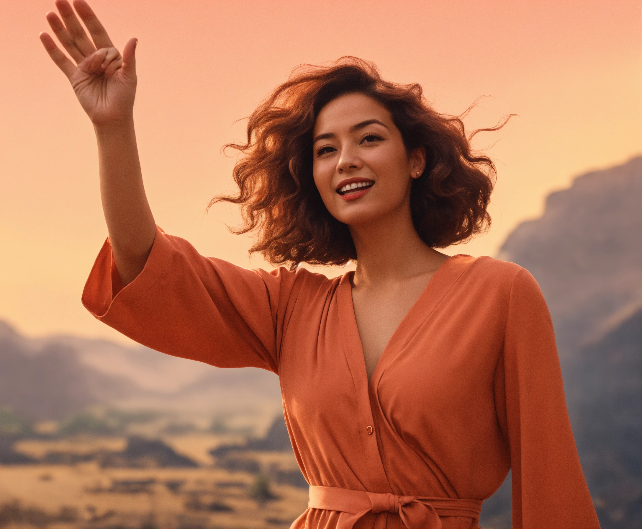 Lexica - A lady frantically waving her hands and pointing, realistic ...